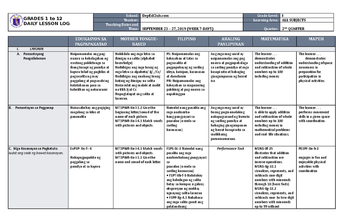 DLL ALL Subjects 1 Q2 W7 D5 - GRADES 1 to 12 DAILY LESSON LOG School: DepEdClub Grade Level: I ...