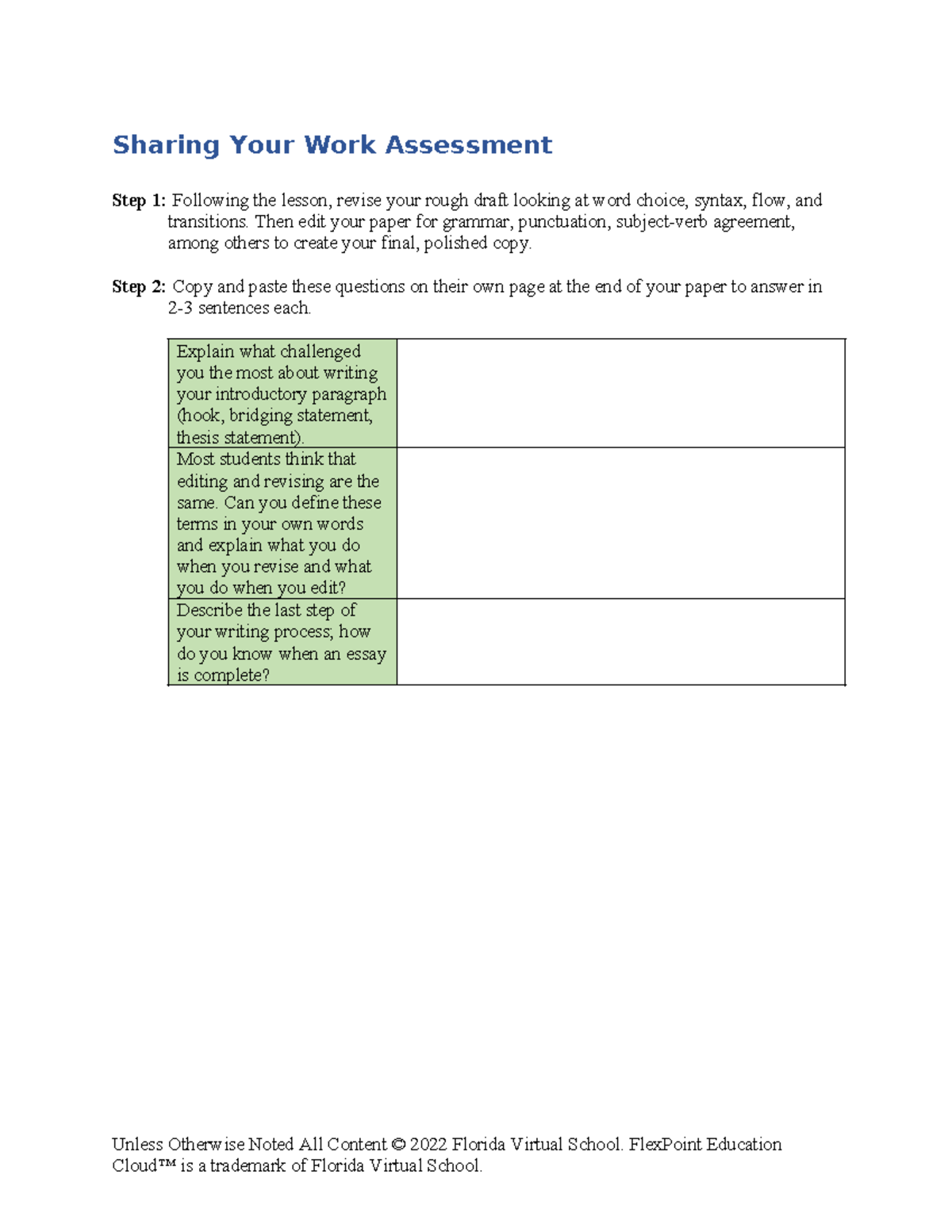 Sharing work assess rubric - Sharing Your Work Assessment Step 1 ...