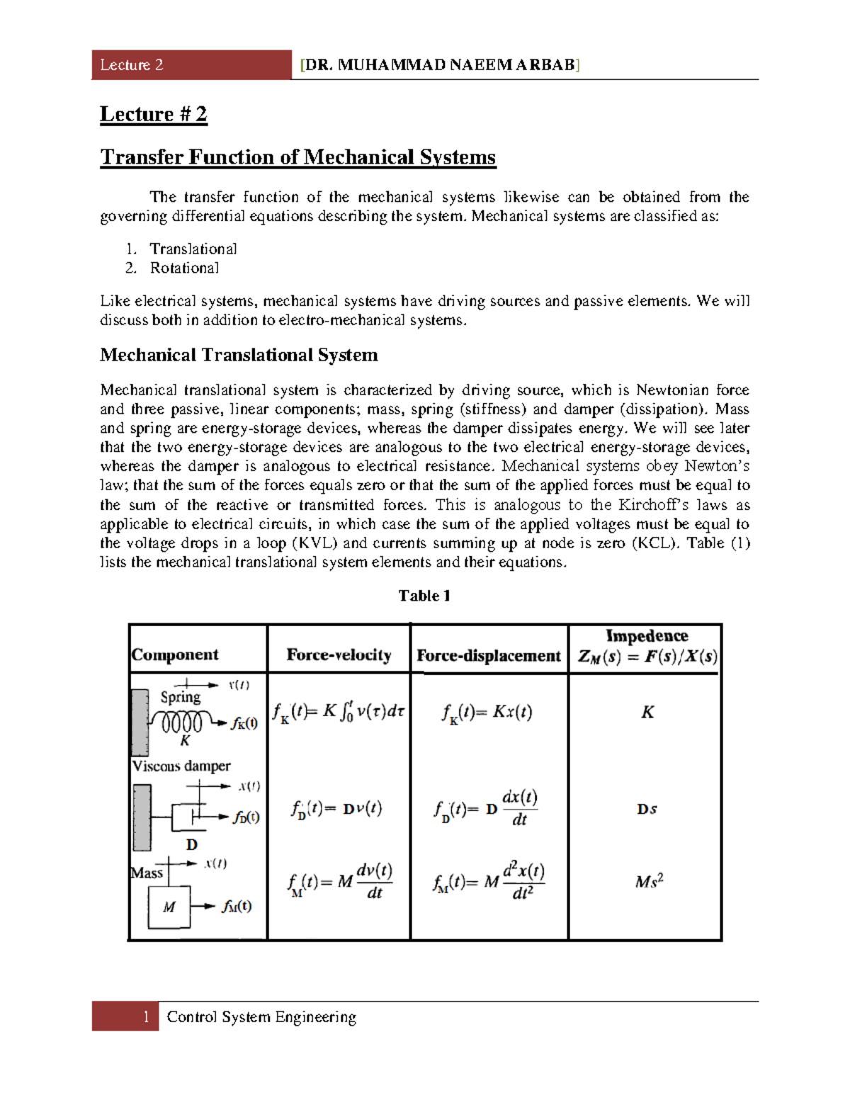 Lecture 2 - Lecture # 2 Transfer Function of Mechanical Systems The ...