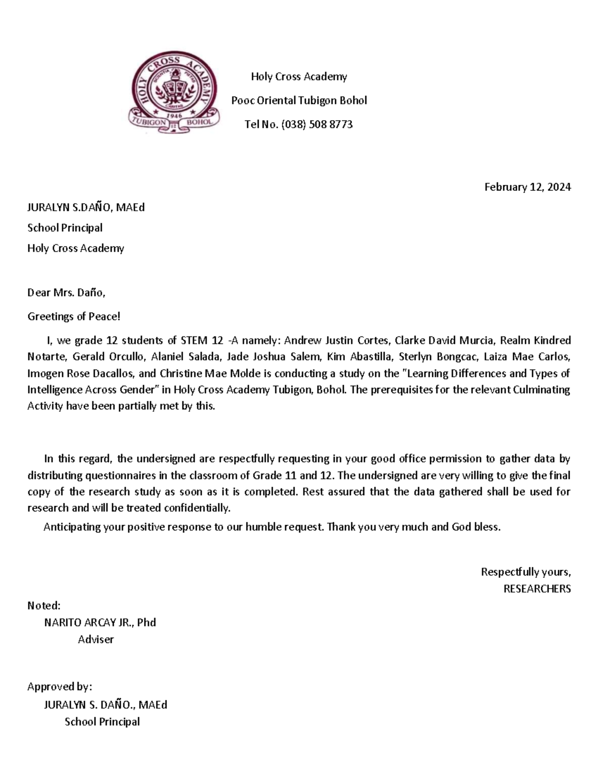 Letter for Thesis WPS Office 1 - Holy Cross Academy Pooc Oriental ...