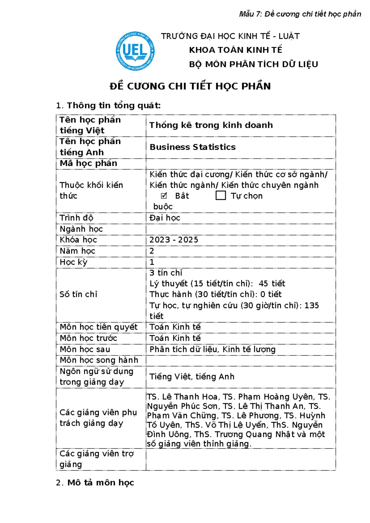 7 Mau de cuong chi tiet hoc phan TKKD 202 - TRƯỜNG ĐẠI HỌC KINH TẾ ...