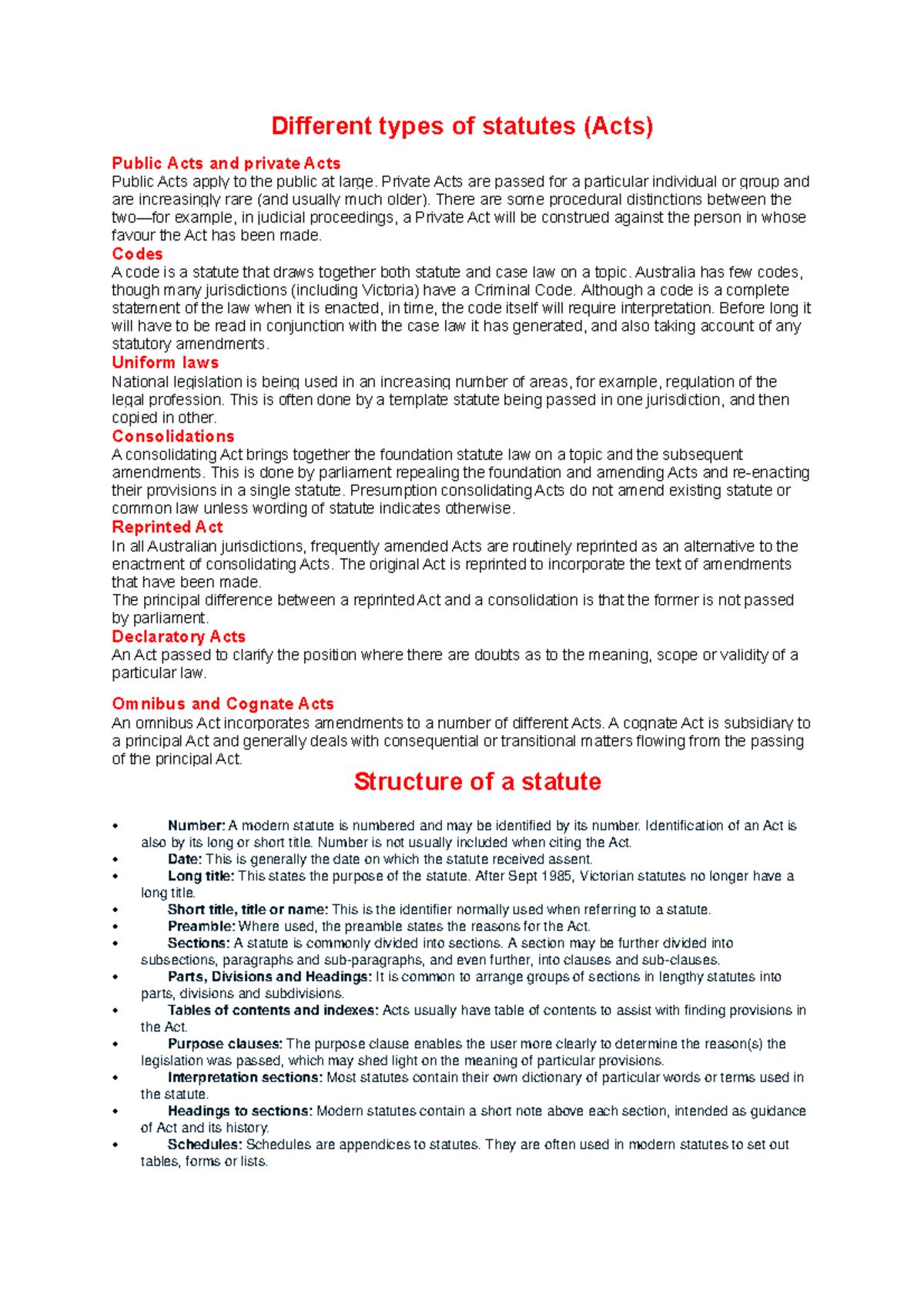 Statutes- Types and Structure for basic revision - Different types of ...