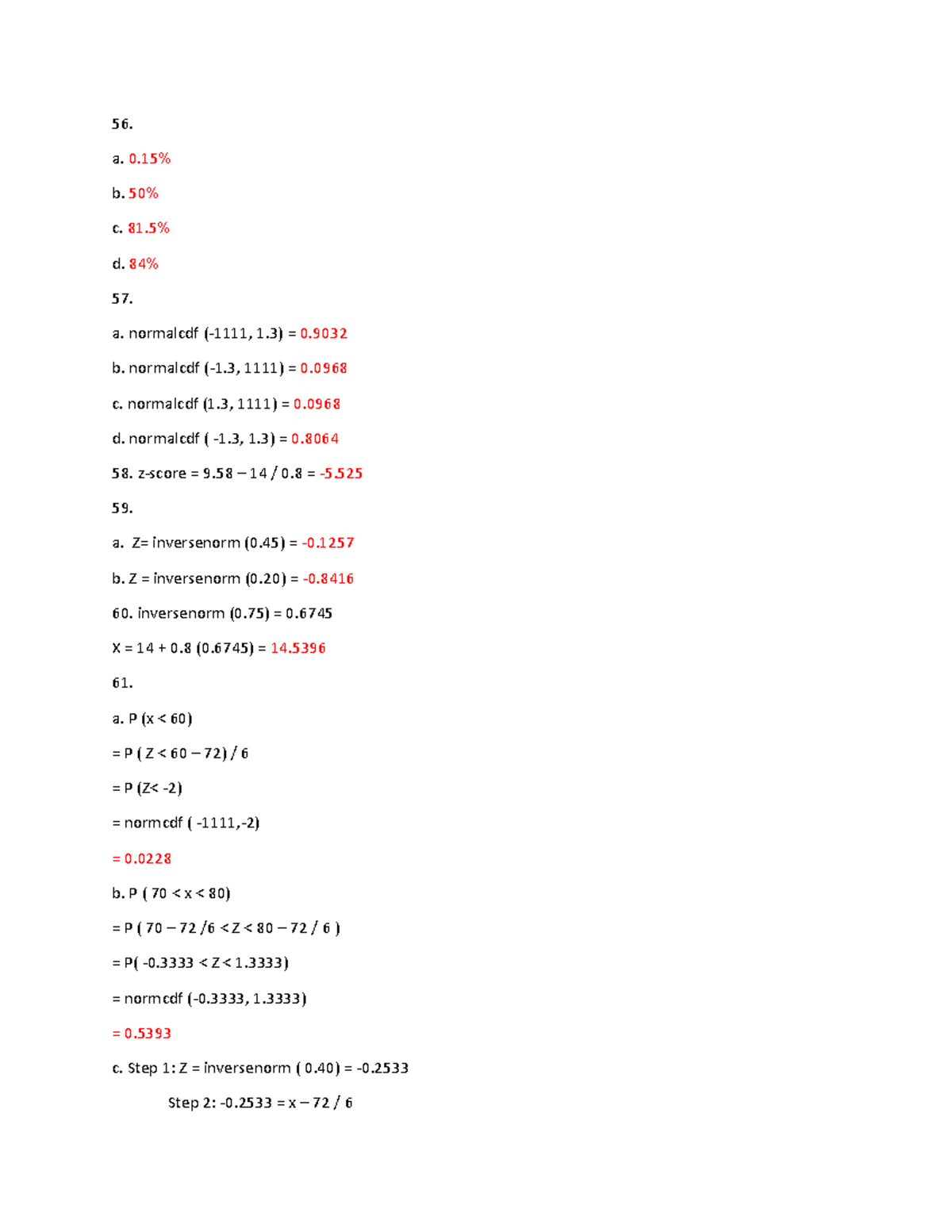 STAT HW 7 - Stat homework 7 from Professor Bell - 56. a. 0% b. 50% c ...