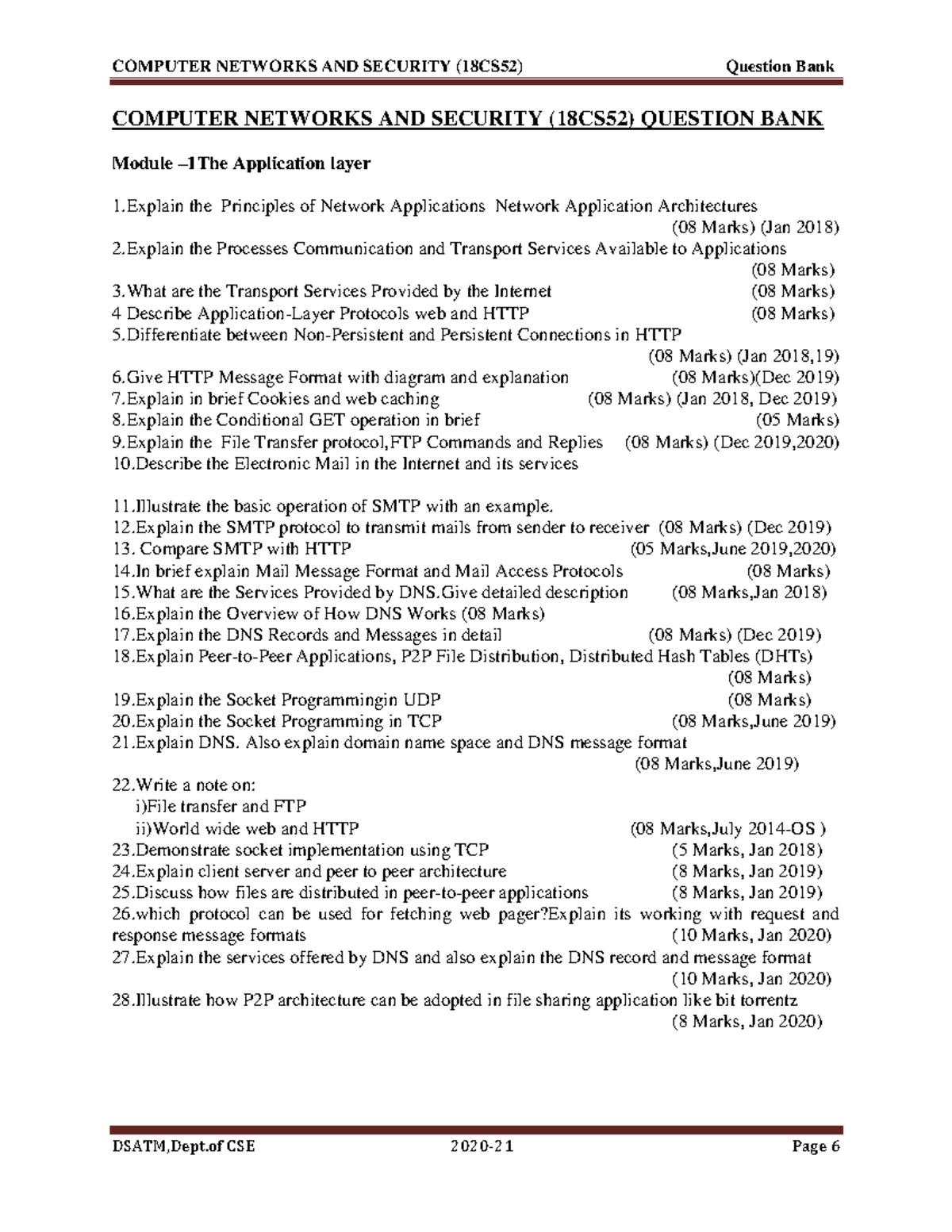 500722686 CN Question bank 2020 21 18CS52 - COMPUTER NETWORKS AND SECURITY (1 8 CS52) QUESTION ...