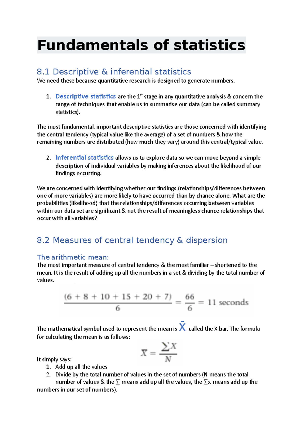 8 Fundamentals of statistics - 1. Descriptive statistics are the 1st ...