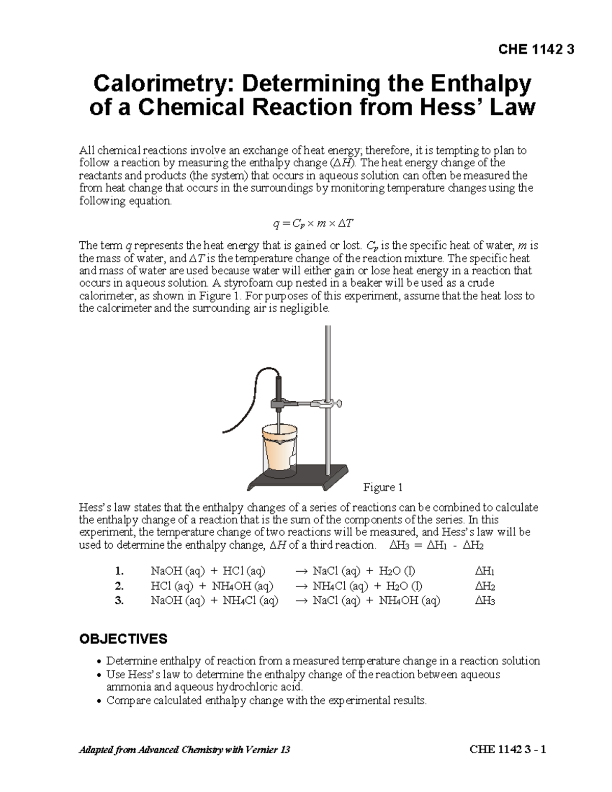 CHE 1142 Lab3inclass Enthalpy Neutralization Hess with Data Table 2020 ...