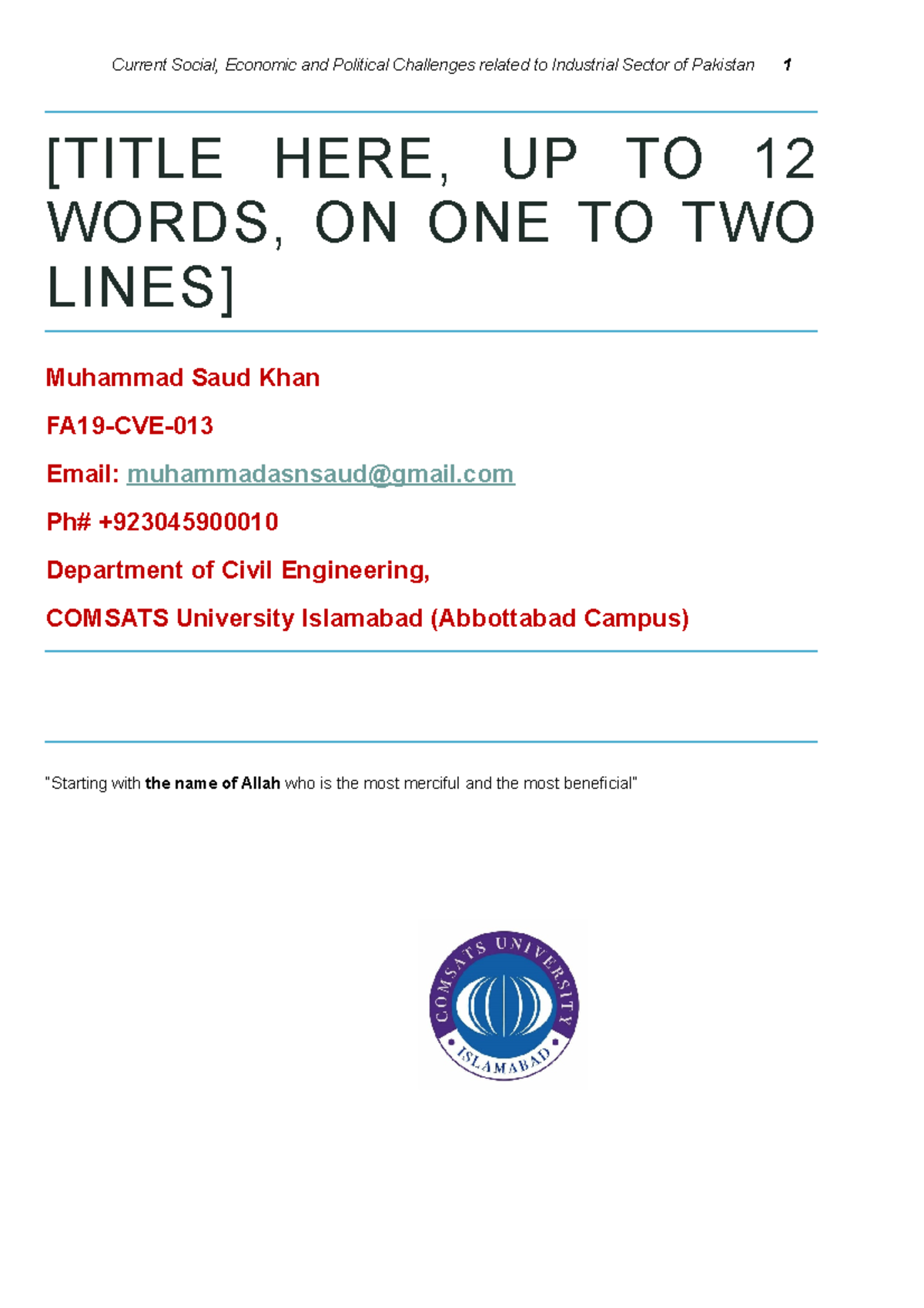 FA19-CVE-013 Assignment Project - [TITLE HERE, UP TO 12 WORDS, ON ONE TO TWO LINES] Muhammad ...