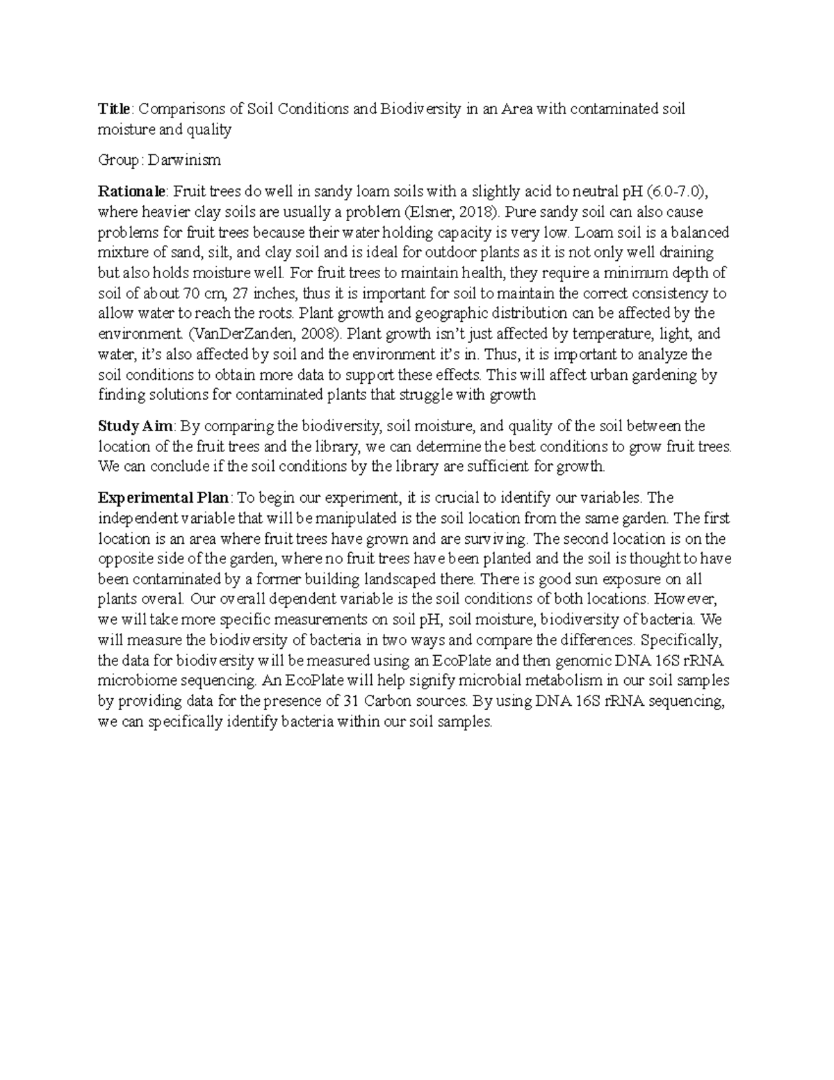 BIO135 Lab Proposal-2 - Lab proposal - Title: Comparisons of Soil ...
