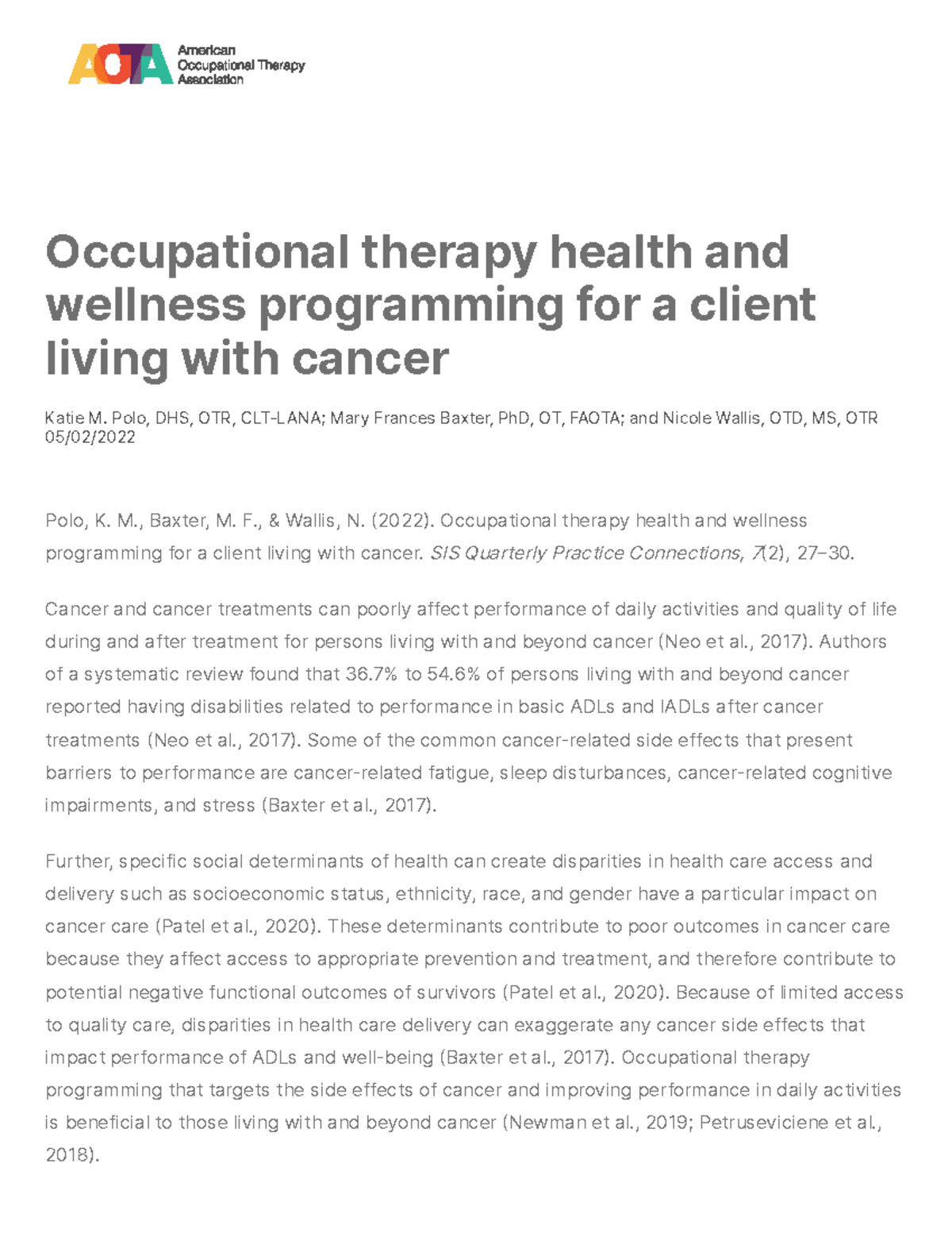 Occupational therapy health and wellness programming for a client ...
