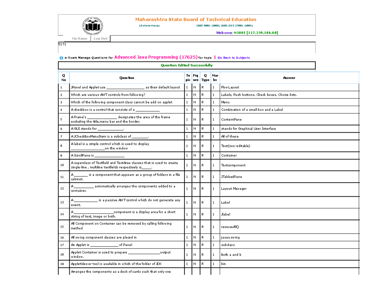 Chapter 1 with answer - 5171 e-Exam Manage Questions for Advanced Java ...