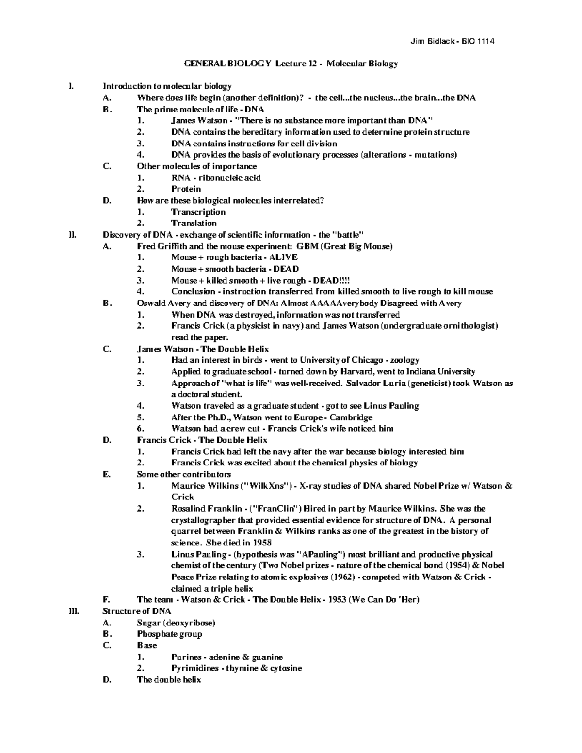 Molecular bio notes - Jim Bidlack - BIO 1114 GENERAL BIOLOGY Lecture 12 ...