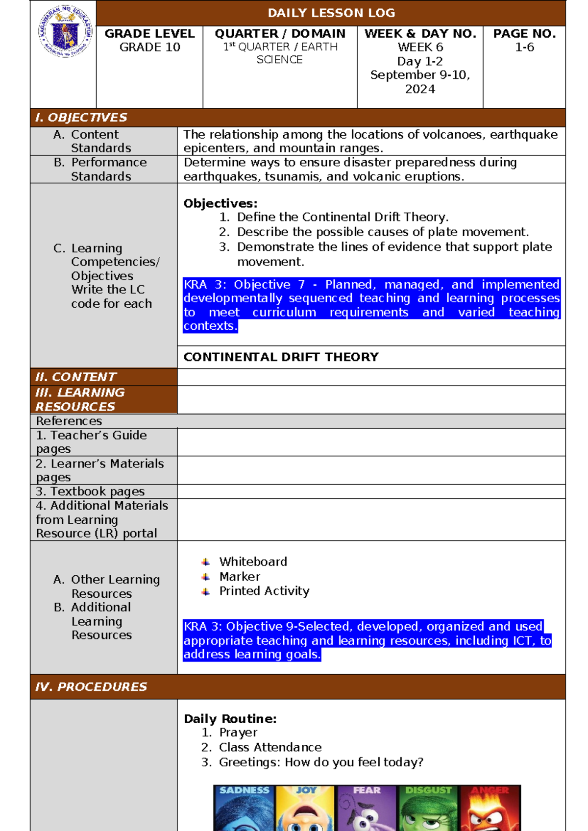 Week 6 - Day 1-2 - lessonn plan - exemplar - 1 DAILY LESSON LOG GRADE ...