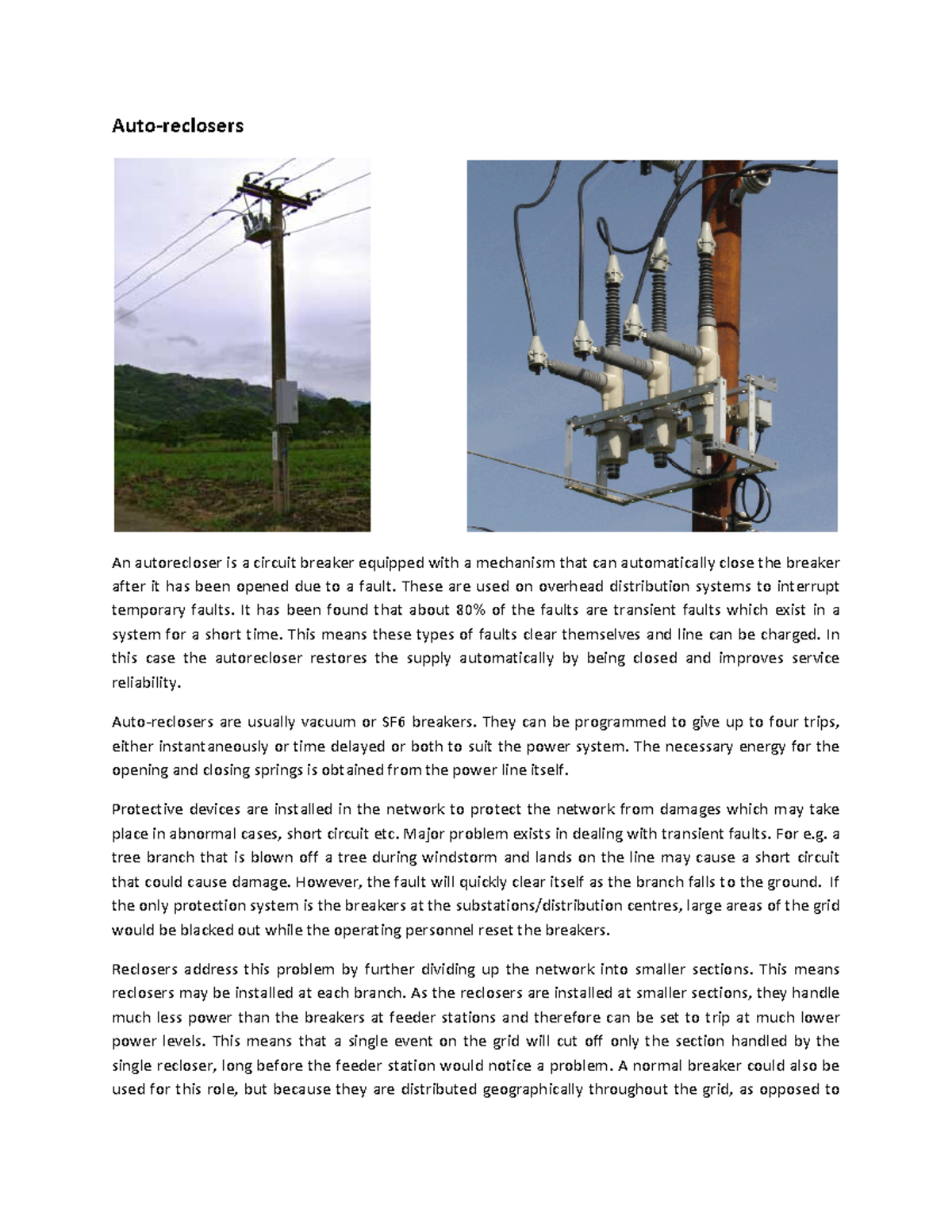 Auto reclosure - Lecture notes 1 - Auto‐reclosers An autorecloser is a ...