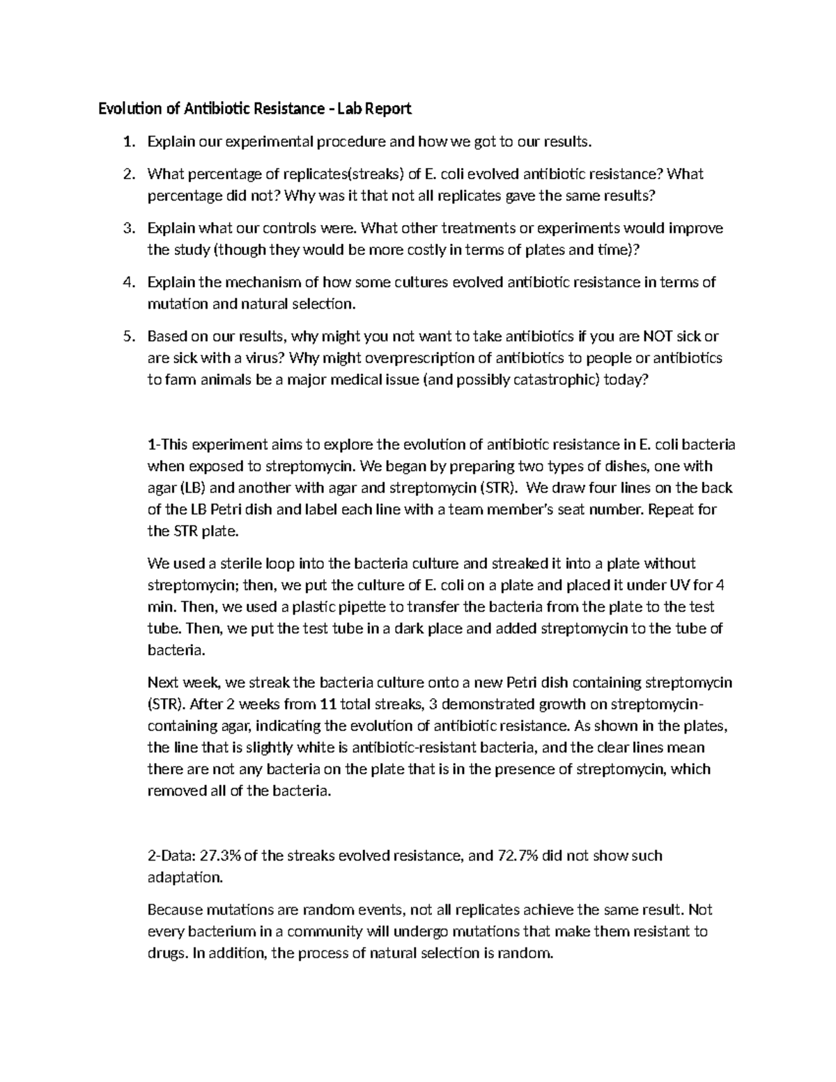 Evolution of antibiotic resistance - Lab Report - Explain our ...