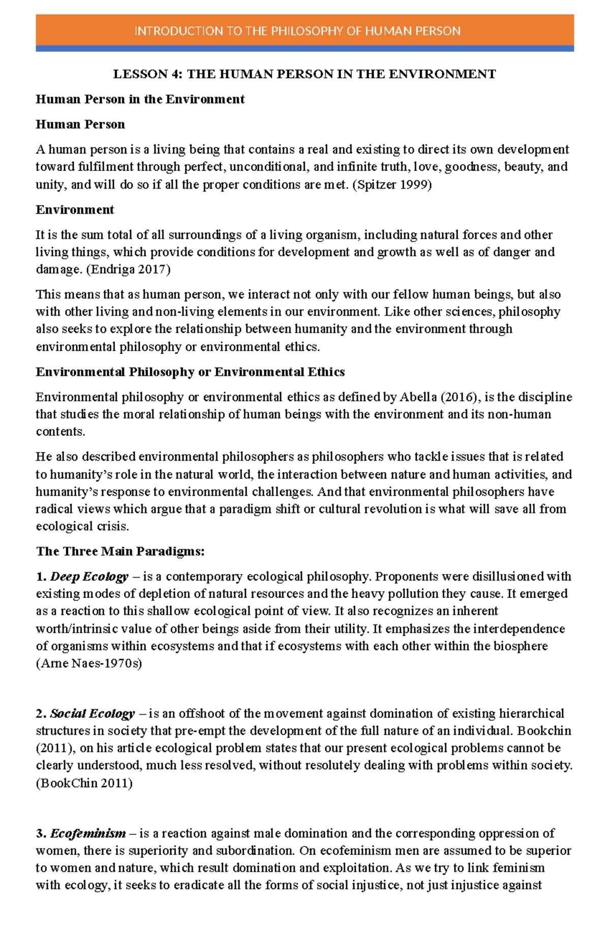 Lesson 4 - LESSON 4: THE HUMAN PERSON IN THE ENVIRONMENT Human Person ...