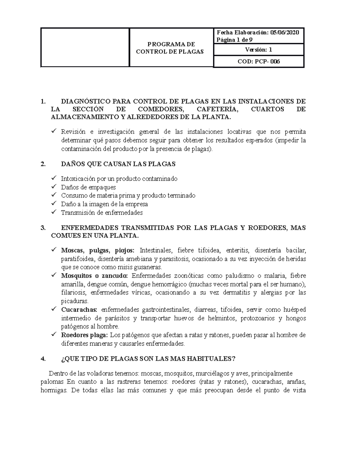 Control de Plagas CAP VI - PROGRAMA DE CONTROL DE PLAGAS Página 1 de 9 ...