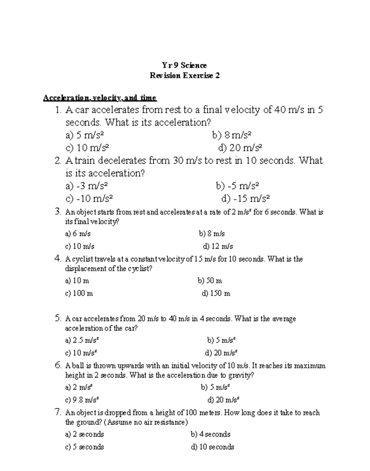 Science Revision Exercise 2 SV - Yr 9 Science Revision Exercise 2 ...