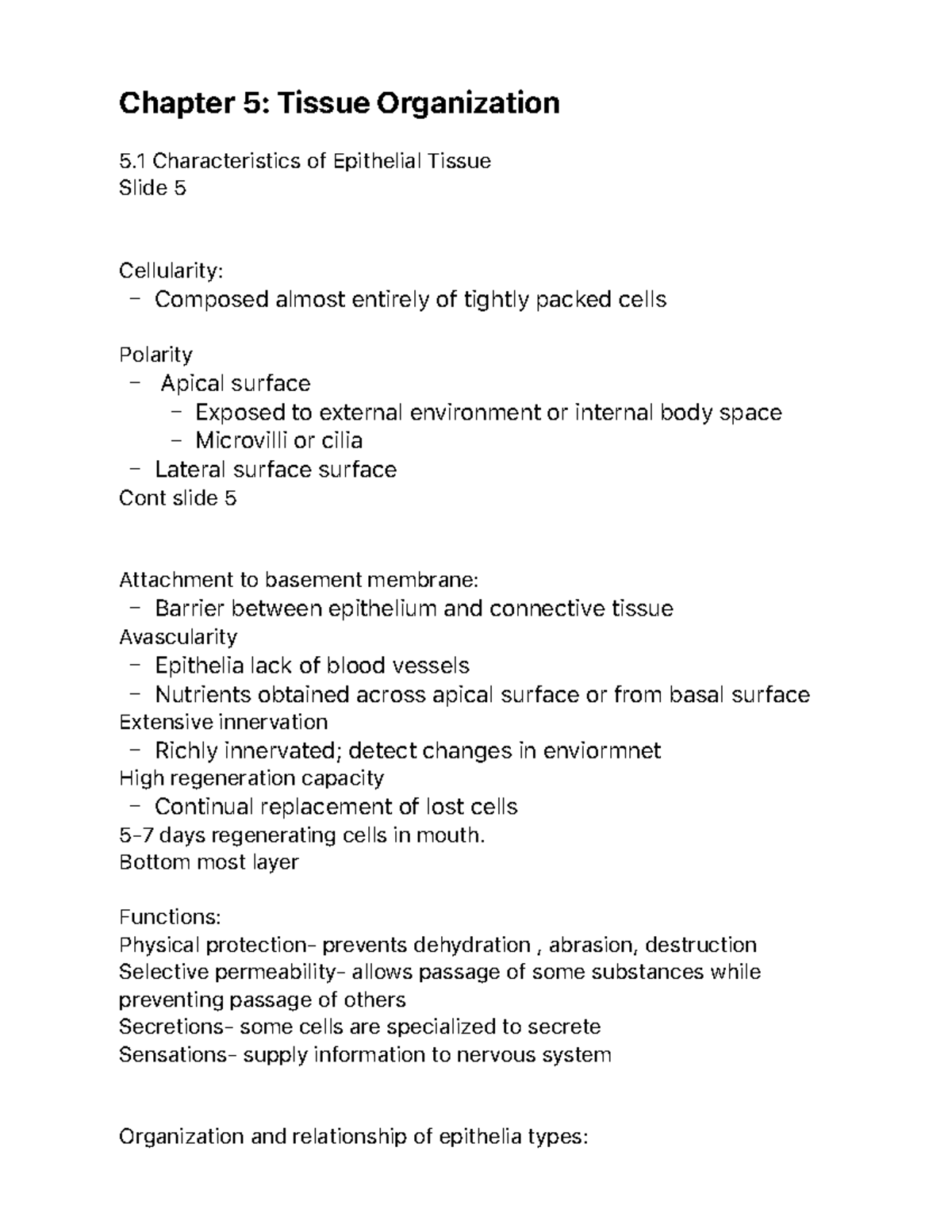 Chapter 5: Tissue Organization - – – – – – – – – – Chapter 5: Tissue ...