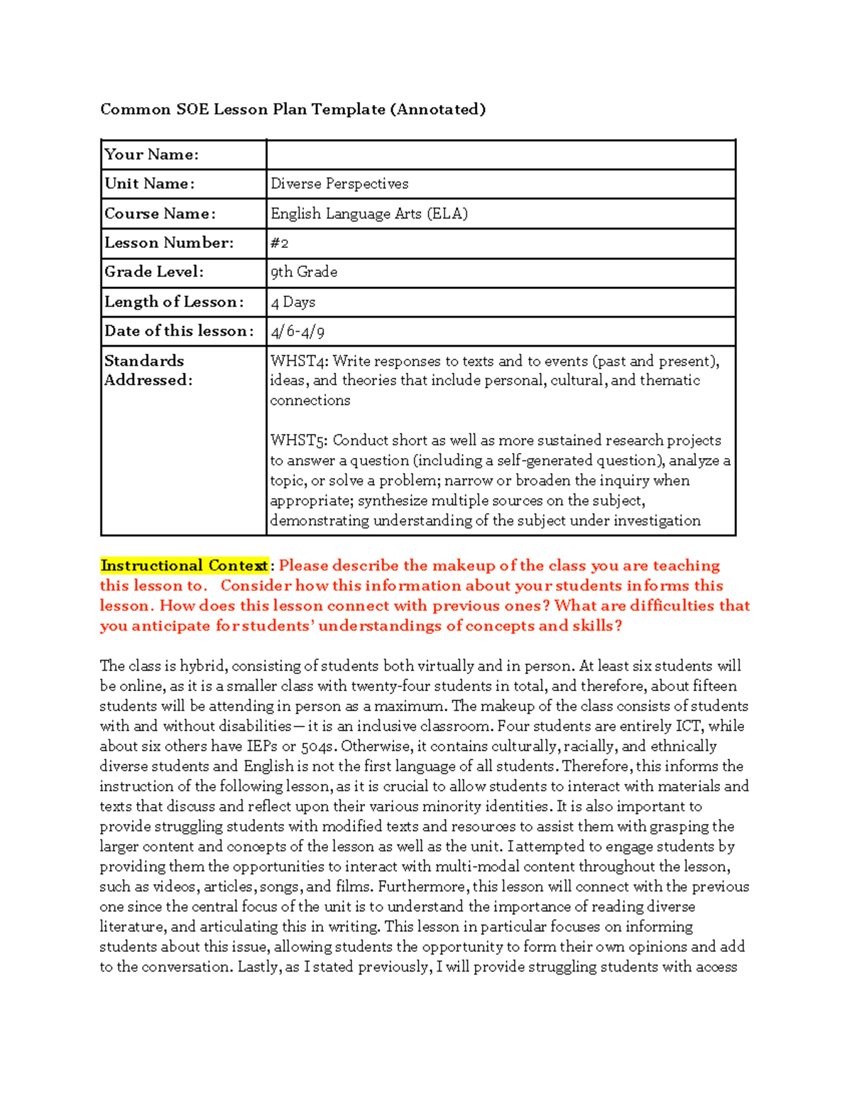 Diverse Perspectives (Lesson Plan) - Common SOE Lesson Plan Template ...