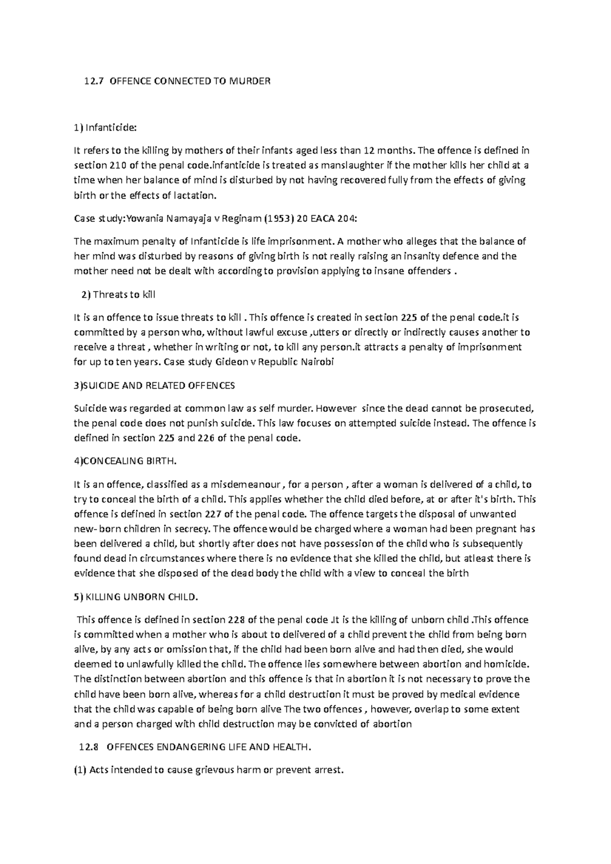 Assignment - Not exemplary - 12 OFFENCE CONNECTED TO MURDER Infanticide: It refers to the ...