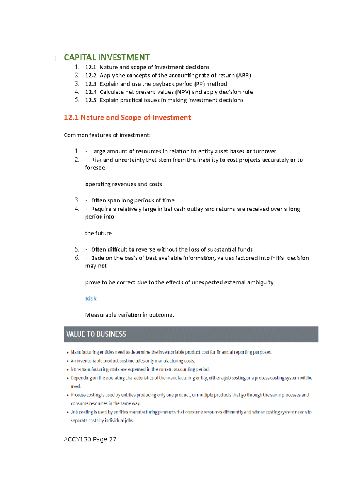 ACCY130 Capital investment notes - 1. CAPITAL INVESTMENT 1. 12 Nature ...