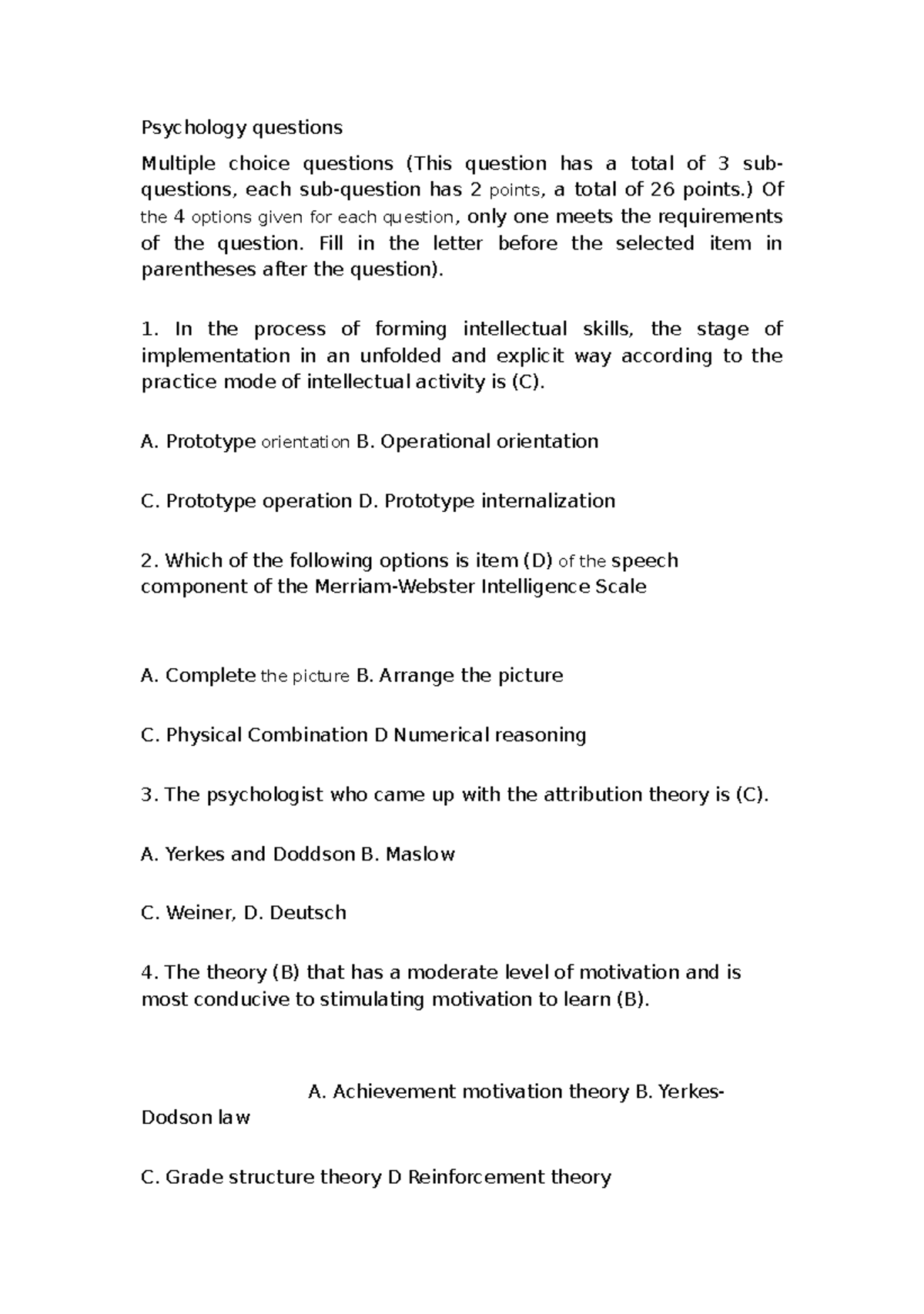 Psychology questions - Assignments to be completed for psychological ...