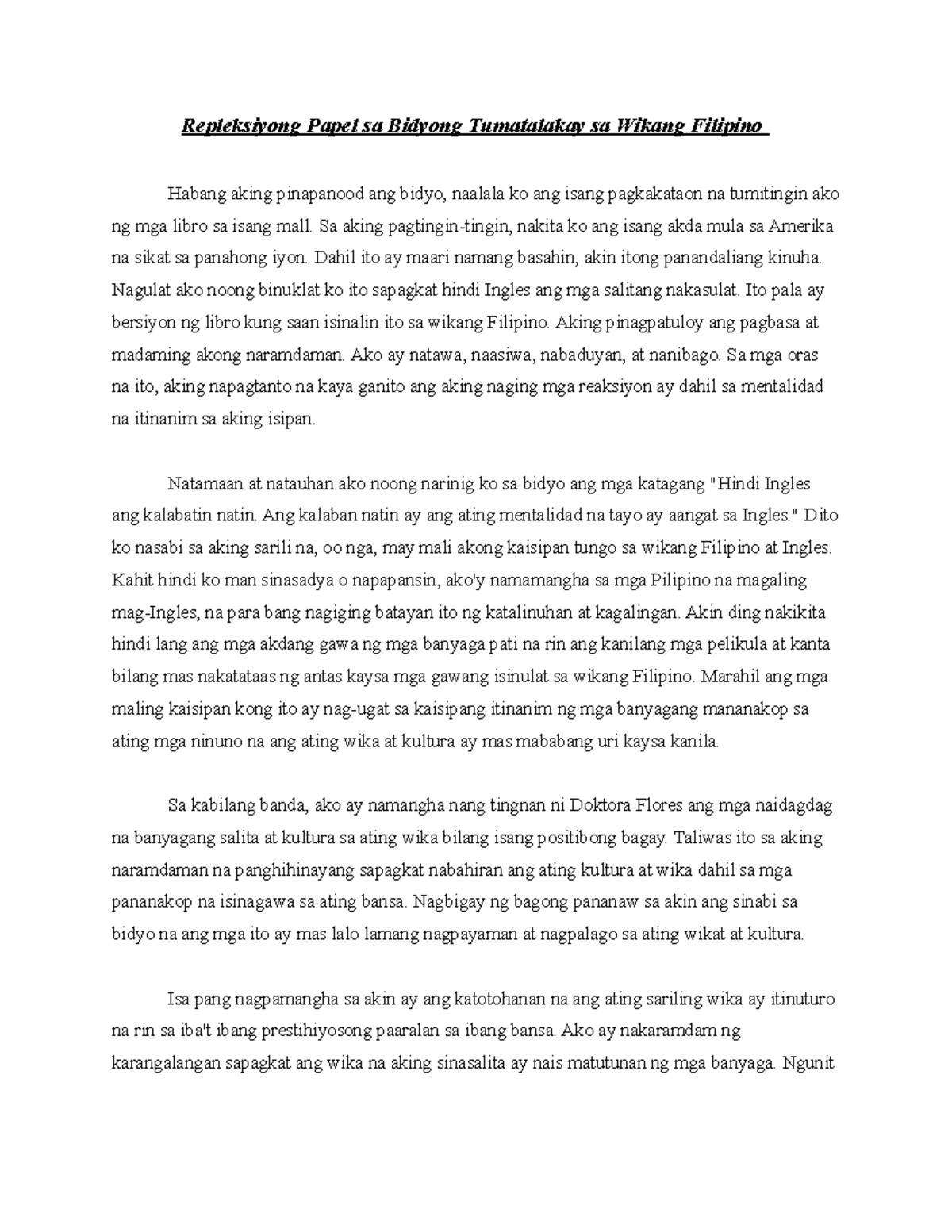 Repleksiyong Papel sa Bidyong Tumatalakay sa Wikang Filipino - Dalumat ...