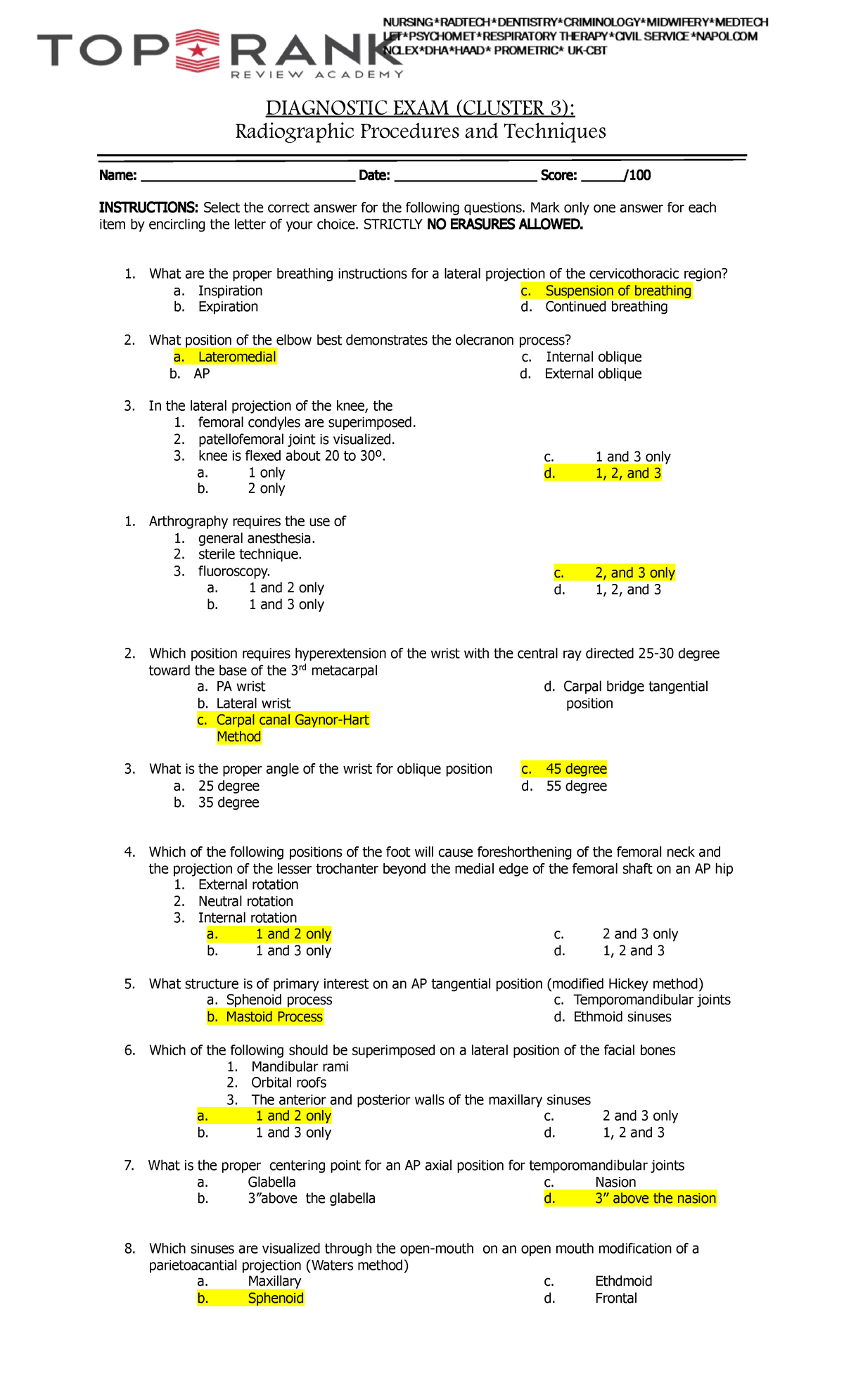Cluster 3 KEY Answers - NARAWRAWR - DIAGNOSTIC EXAM (CLUSTER 3): Rad ...