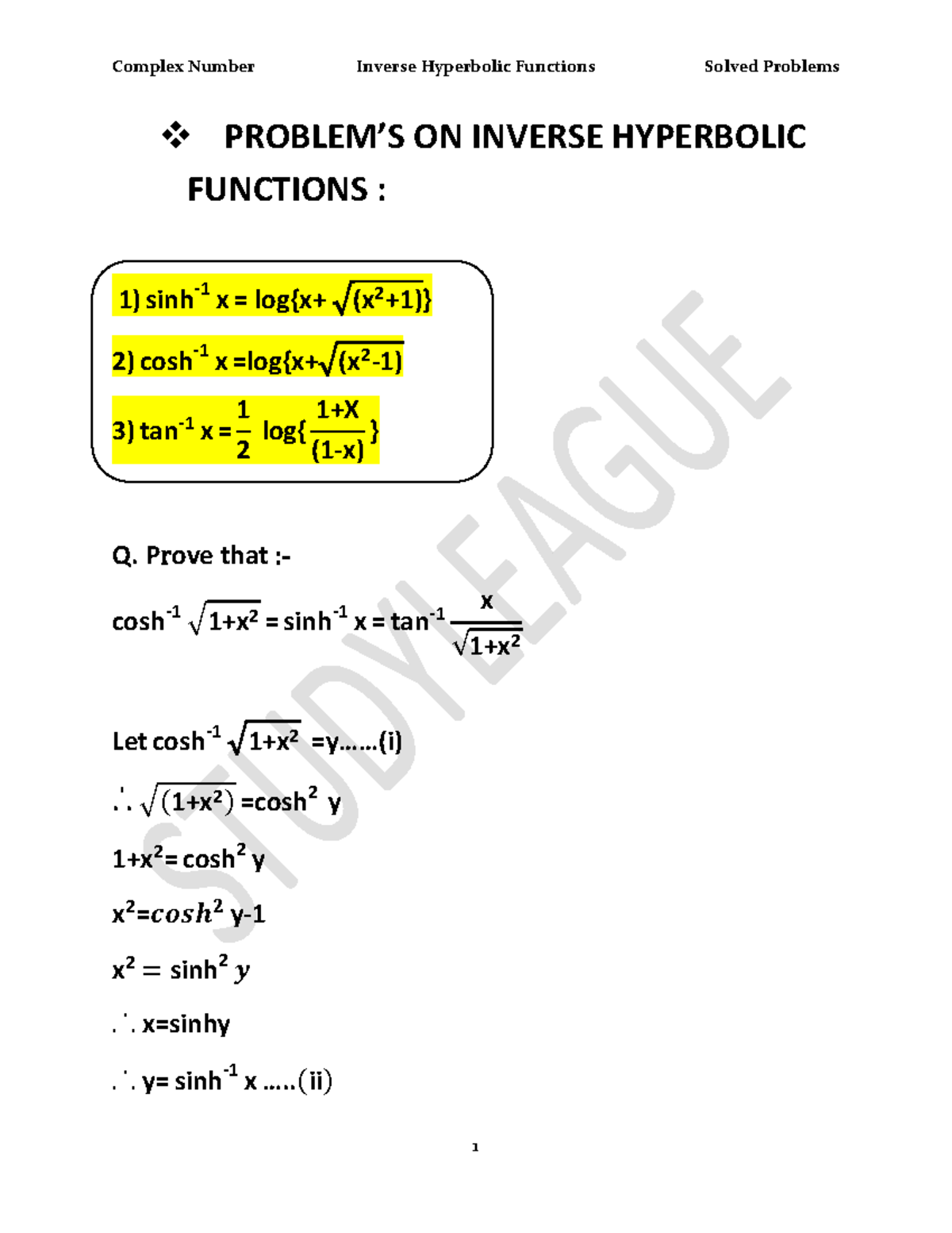 Scribd - ficha - PROBLEM’S ON INVERSE HYPERBOLIC FUNCTIONS : sinh 1 x ...