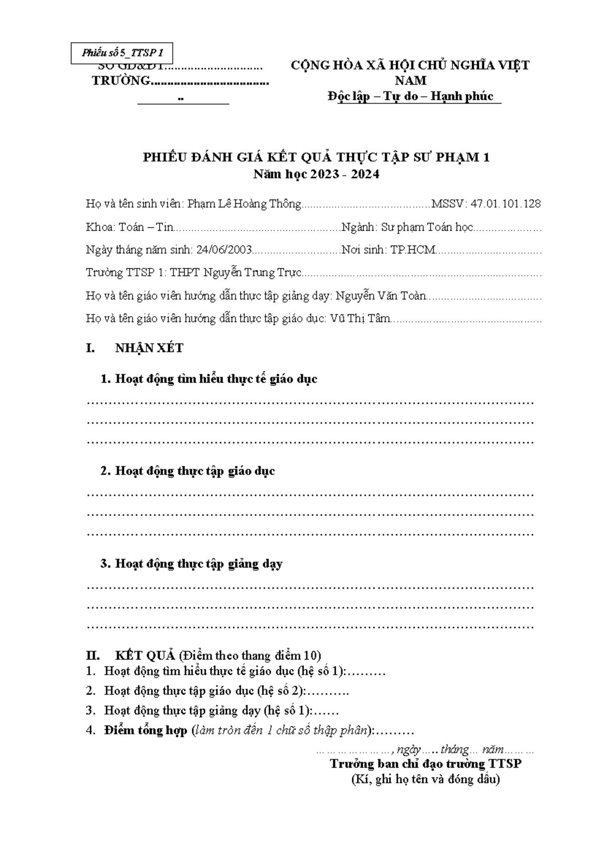 TT1 Phieu 5 Phieu Danh Gia Ket Qua Ren Luyen - SỞ GD&ĐT.............................. - Studocu