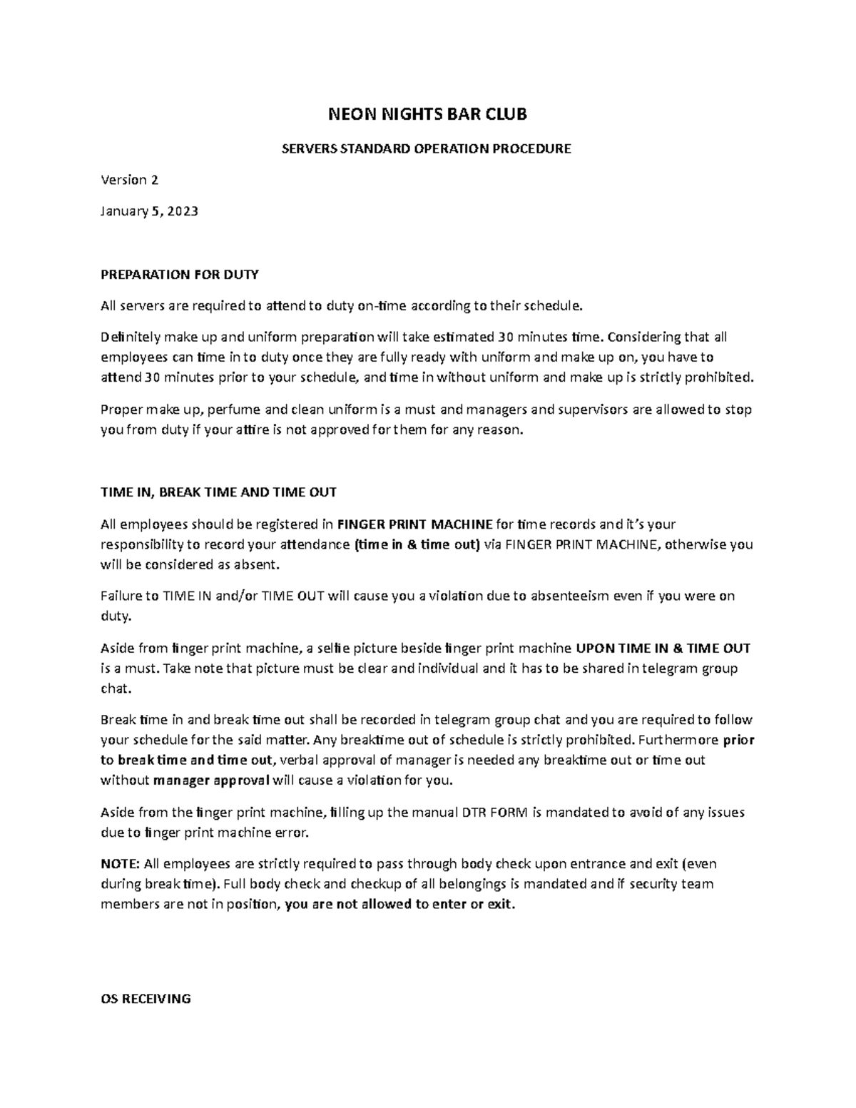 Servers SOP - sop - NEON NIGHTS BAR CLUB SERVERS STANDARD OPERATION ...