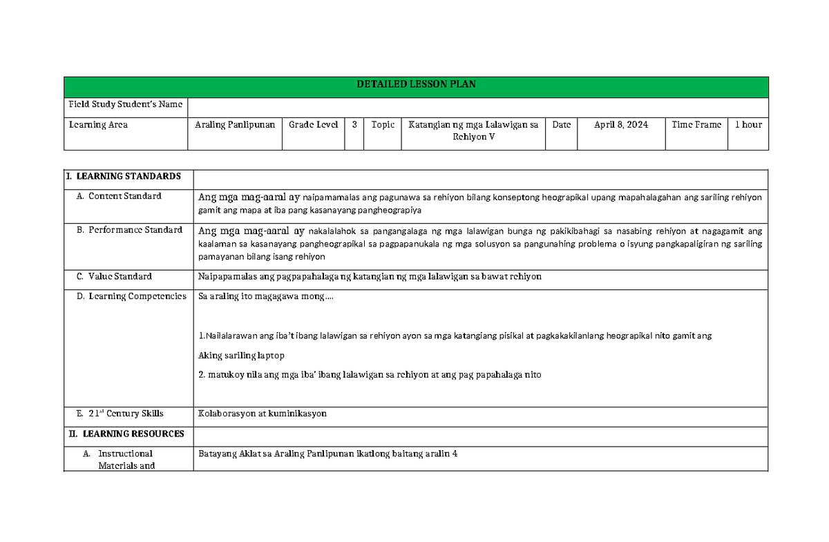 Techno Based DLP - DETAILED LESSON PLAN Field Study Student’s Name ...