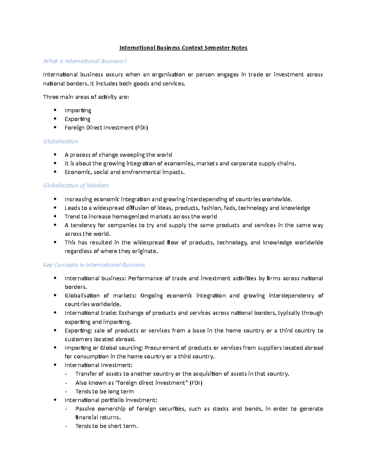 International Business Context Semester Notes - Lecture notes, lectures ...