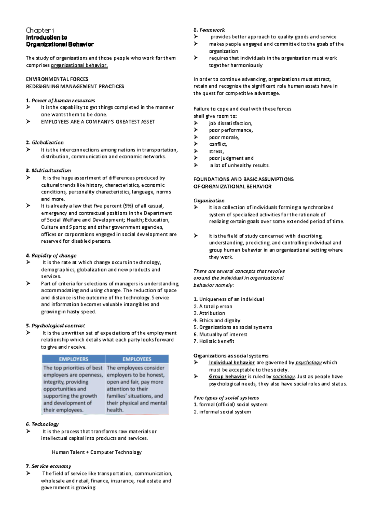 HBO Chapter 1-2 - Human Behavior - Chapter 1 Introduction to Organizational Behavior The study ...