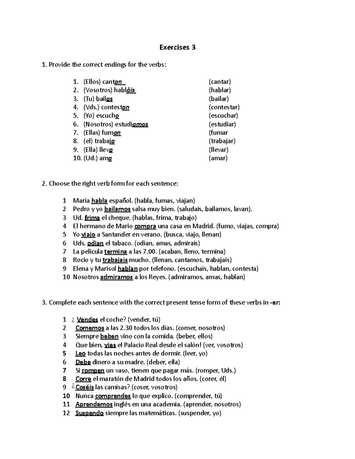 Subject Pronouns and Present Tense of Regular Verbs - Exercises 3 ...