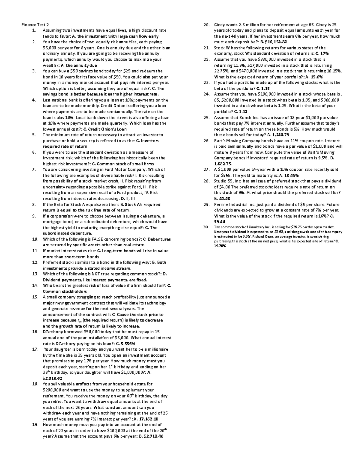 Finance Test 2 Cheat Sheet - Finance Test 2 1. Assuming two investments ...
