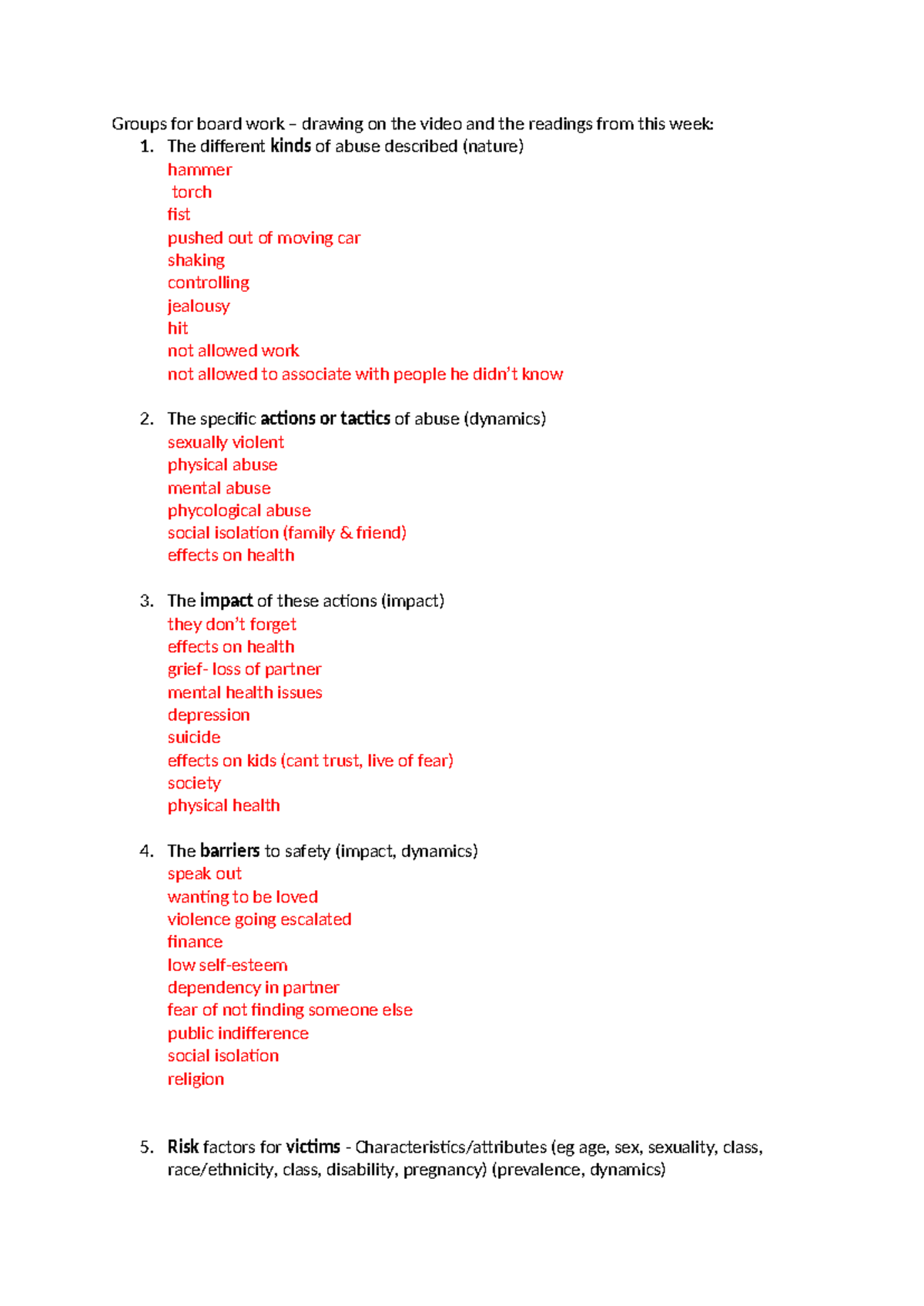 Domestic violence notes - Groups for board work – drawing on the video ...