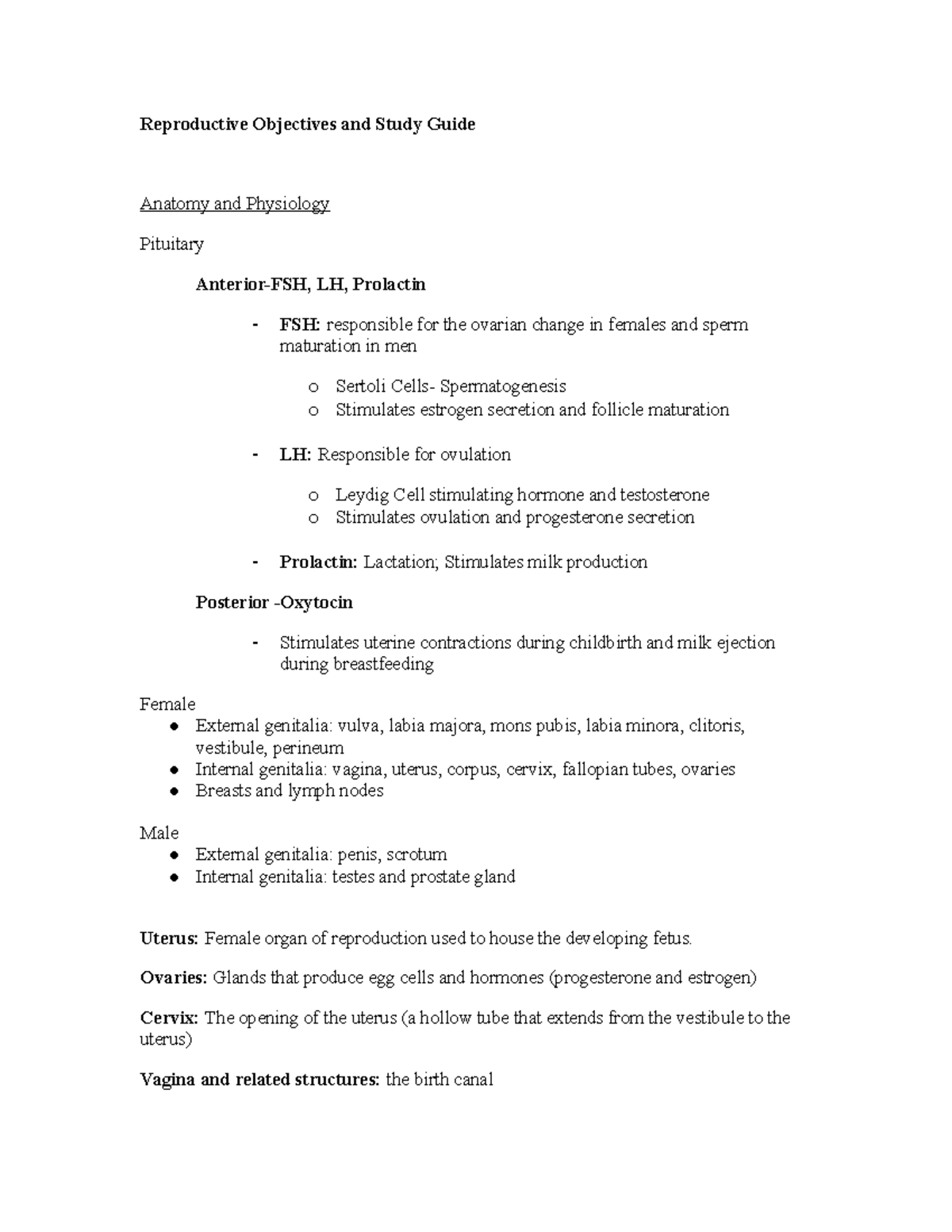 Reproductive System Study Guide - Reproductive Objectives and Study ...