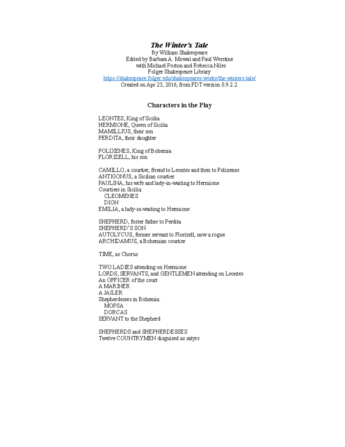 The-winters-tale DOC-LN Folger Shakespeare - The Winter’s Tale By ...