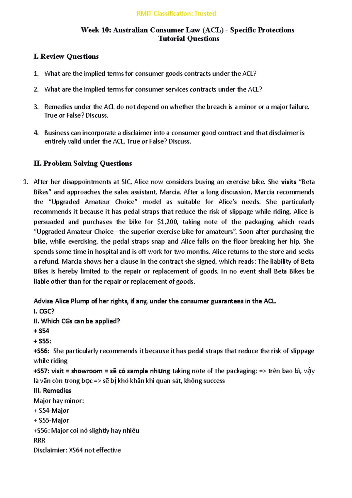 Week 10 Tutorial Questions - Week 10: Australian Consumer Law (ACL) - Specific Protections ...