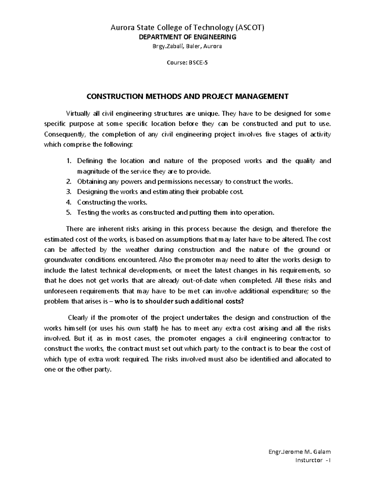 Contracts AND Specificatons - DEPARTMENT OF ENGINEERING Brgy, Baler ...