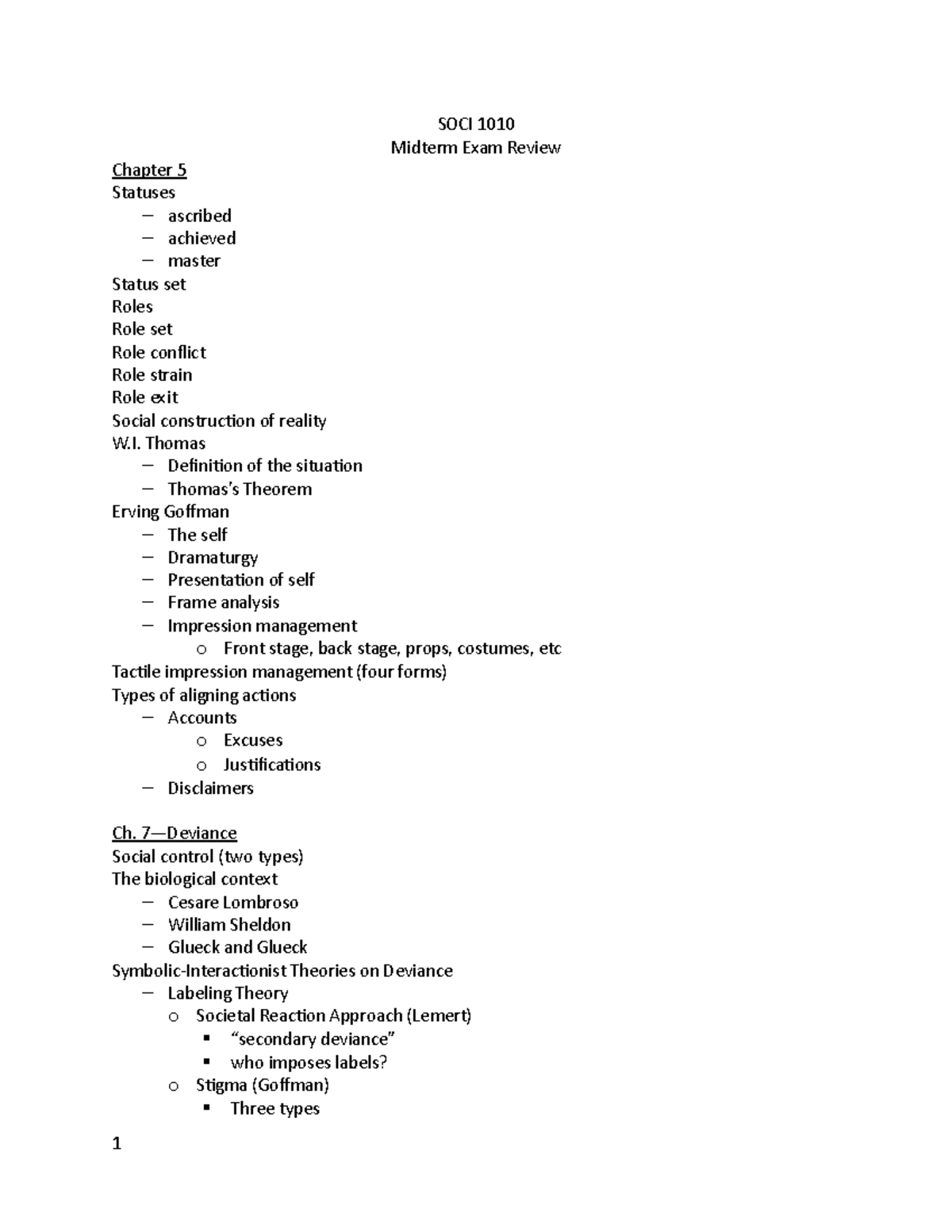 1010 Midterm EXAM Review F19 - SOCI 1010 Midterm Exam Review Chapter 5 Statuses ascribed - Studocu