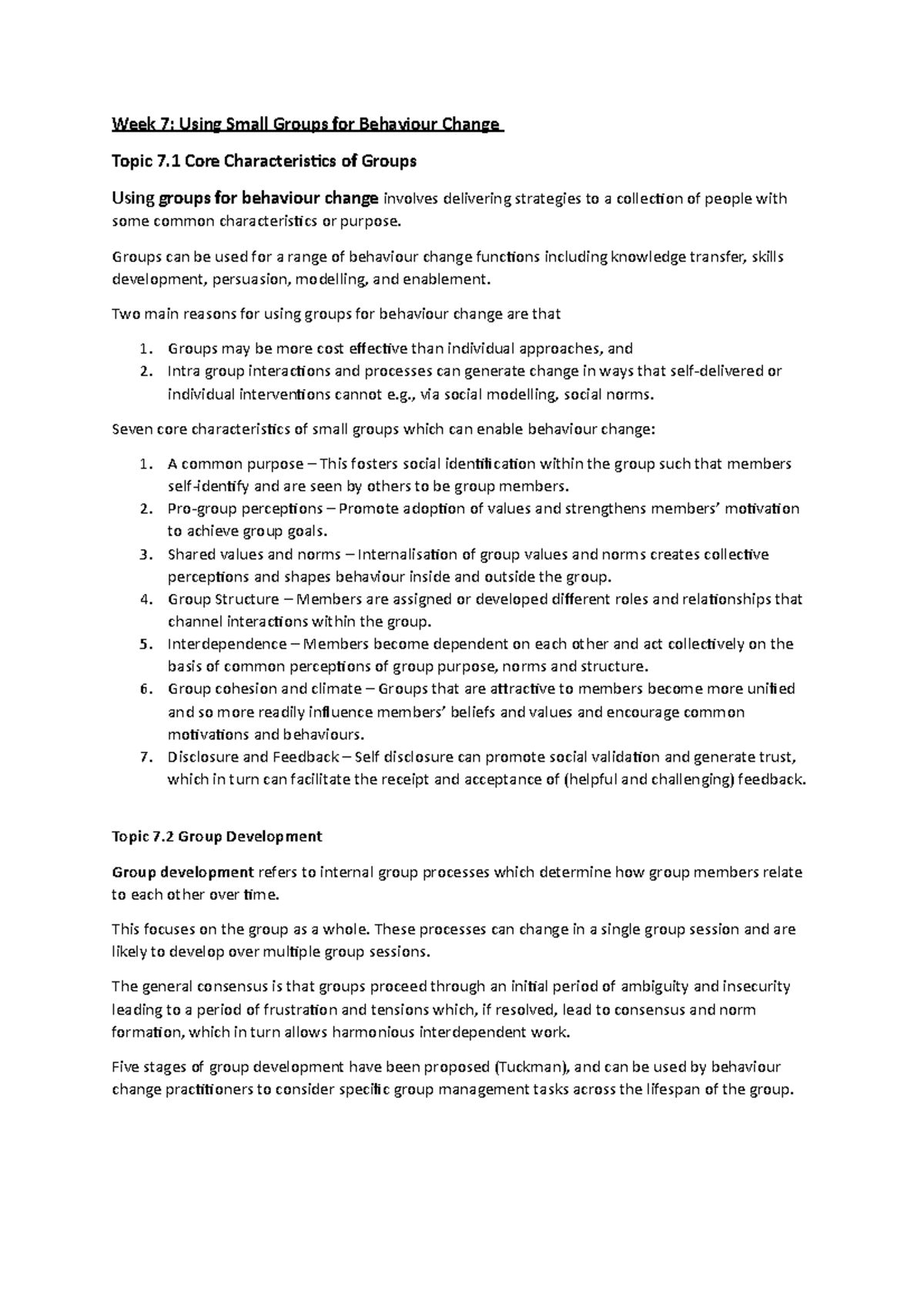 3018PSY Week 7 - Week 7: Using Small Groups for Behaviour Change Topic 7 Core Characteristics of ...