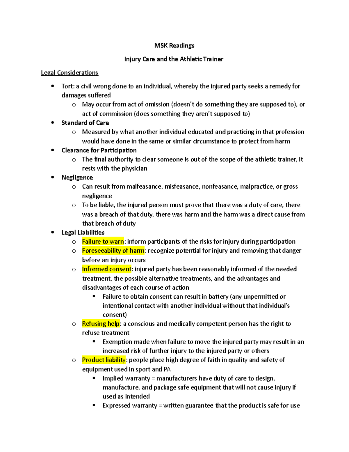 MSK Readings - MSK Readings Injury Care and the Athletic Trainer Legal ...