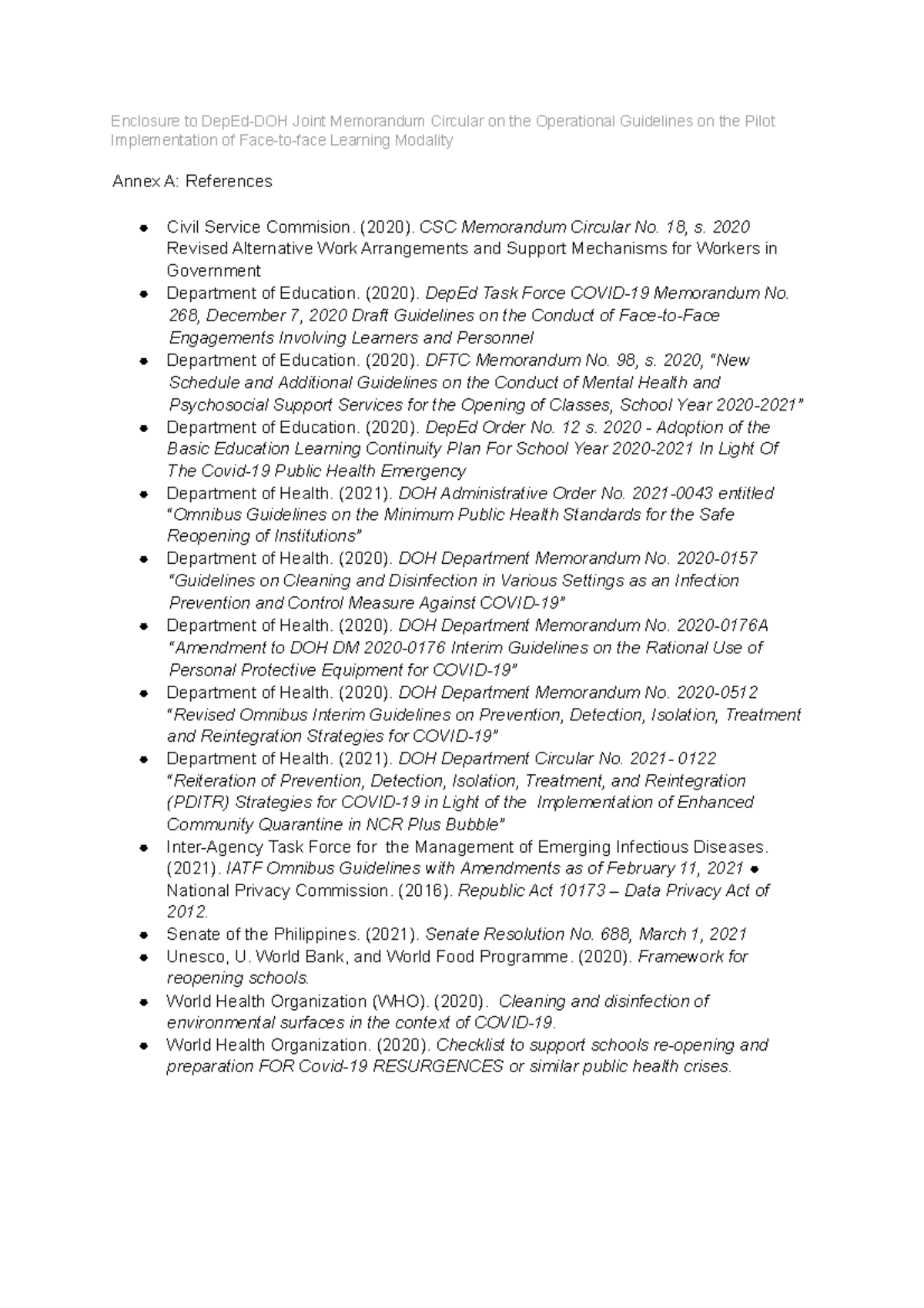 Annex A References - Enclosure to DepEd-DOH Joint Memorandum Circular ...