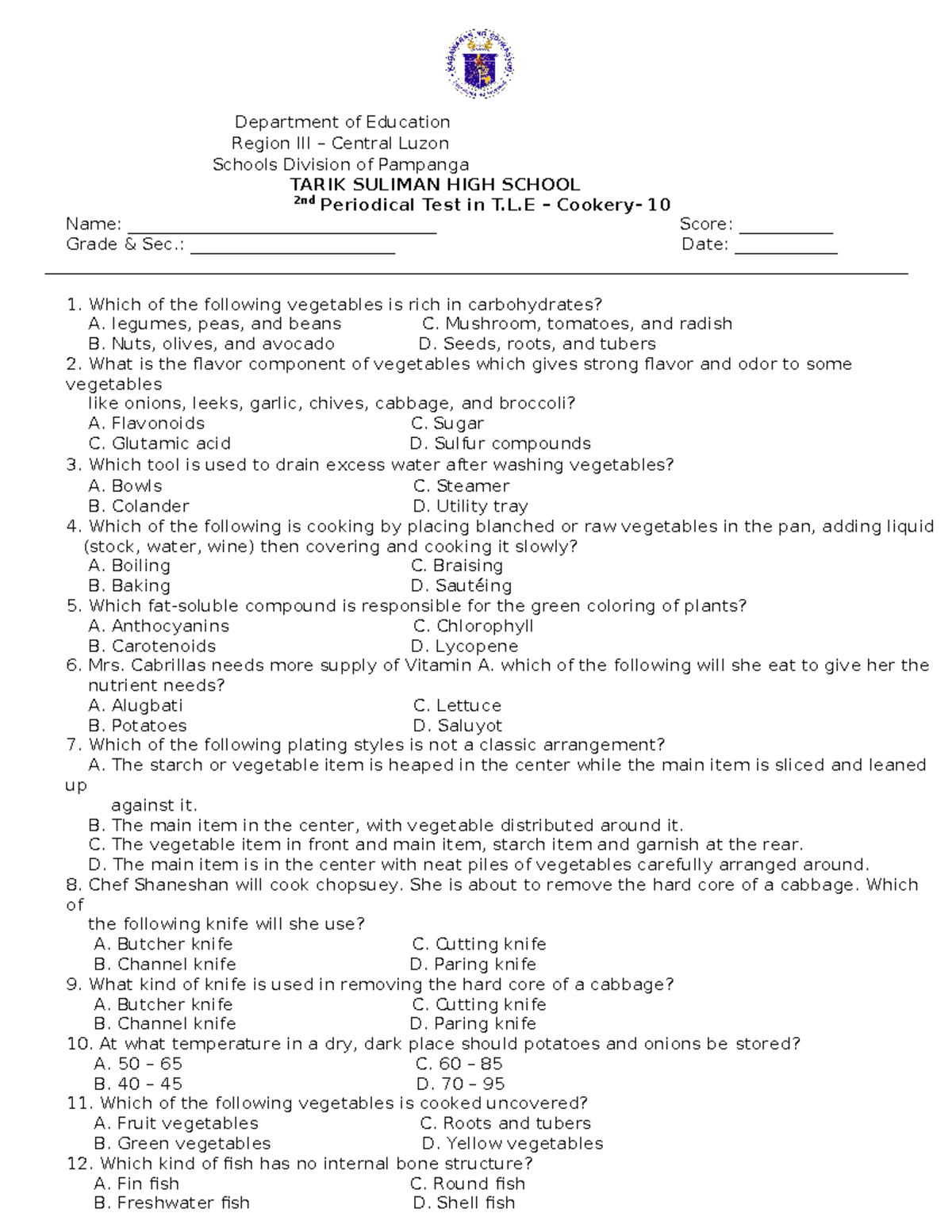 2nd periodical test in cookery 10 - TARIK SULIMAN HIGH SCHOOL 2nd ...