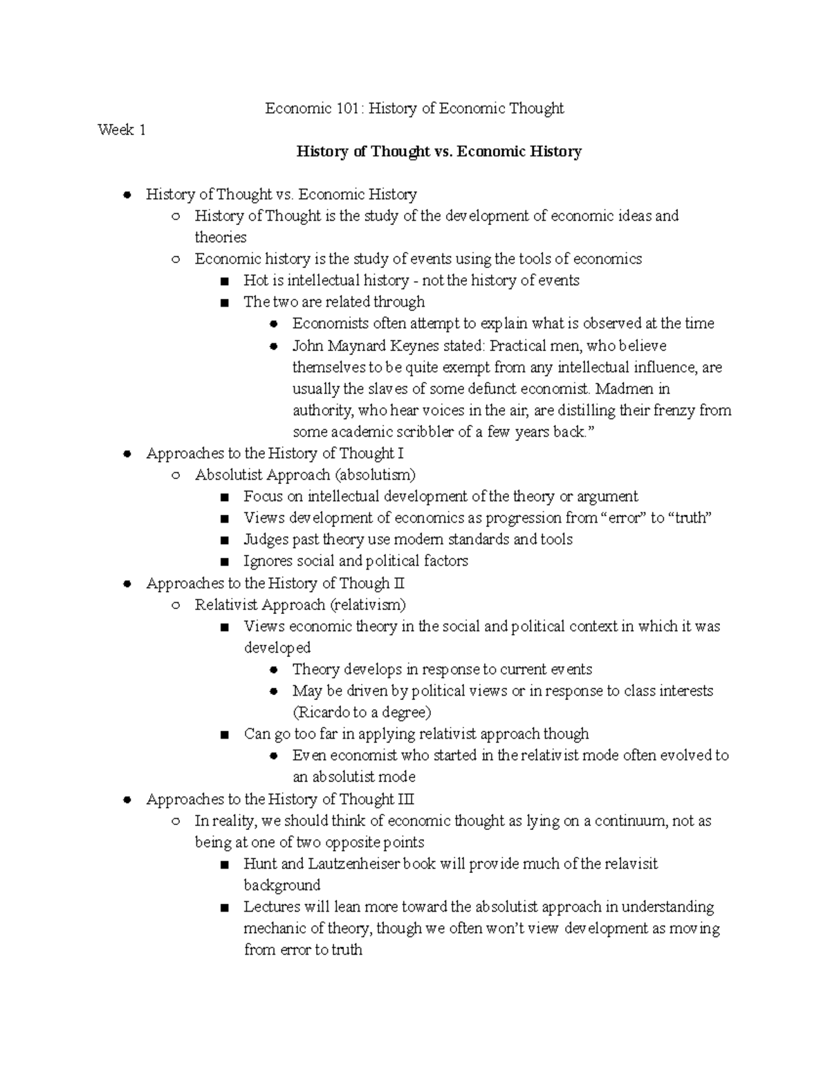 Economic history notes - Economic 101: History of Economic Thought Week ...