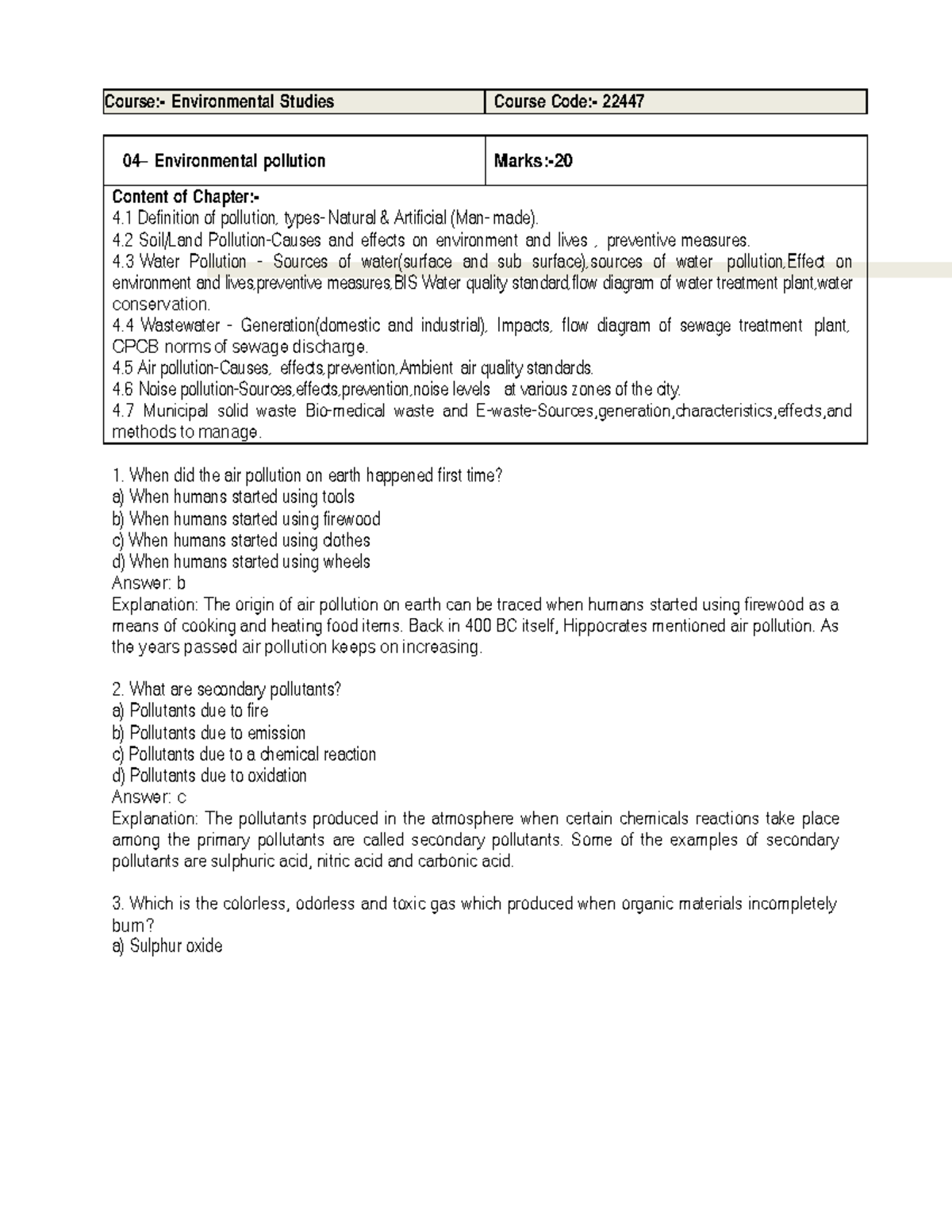 Unit No. 4 - EST MCQ - Course:- Environmental Studies Course Code:- 22447 04 – Environmental ...
