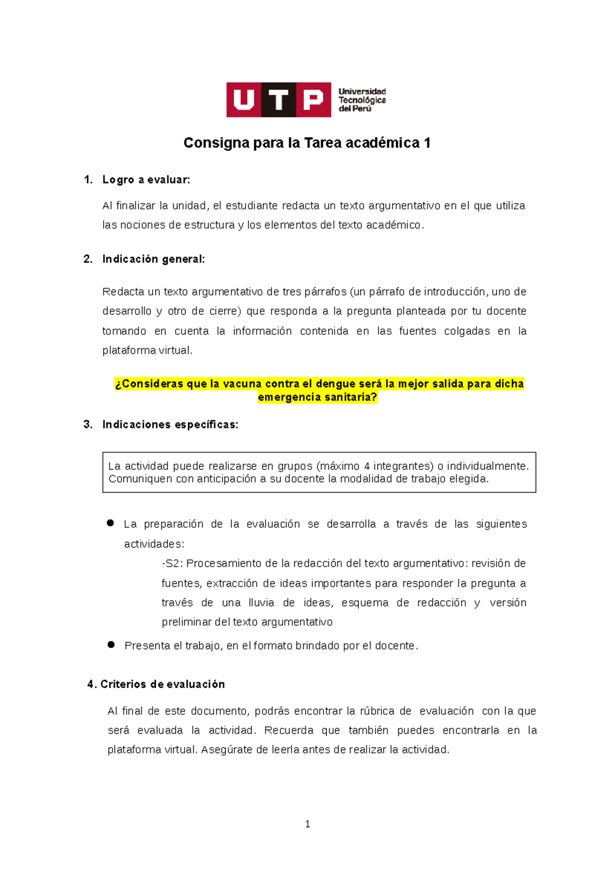 TA 1_ REDACCION_2023-2 - Consigna para la Tarea académica 1 Logro a evaluar: Al finalizar la ...