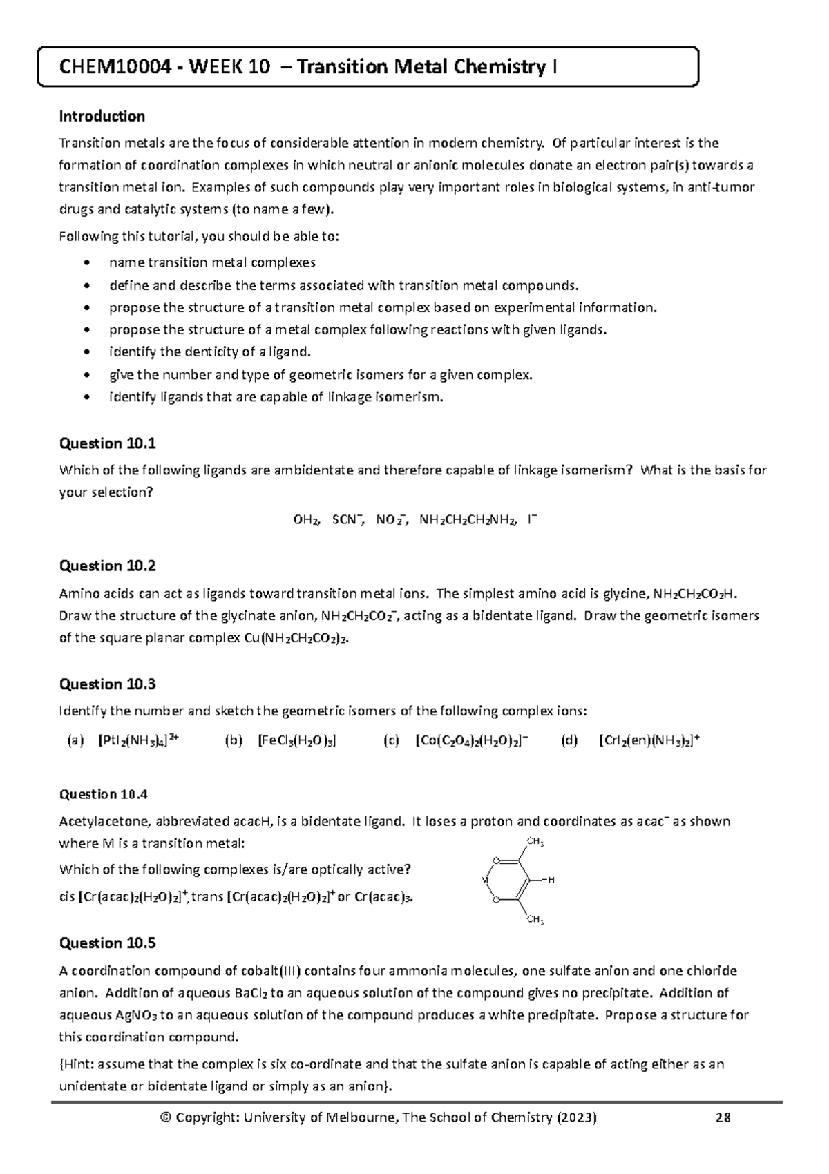 Tutorial Questions Chem 2 - © Copyright: University of Melbourne, The ...